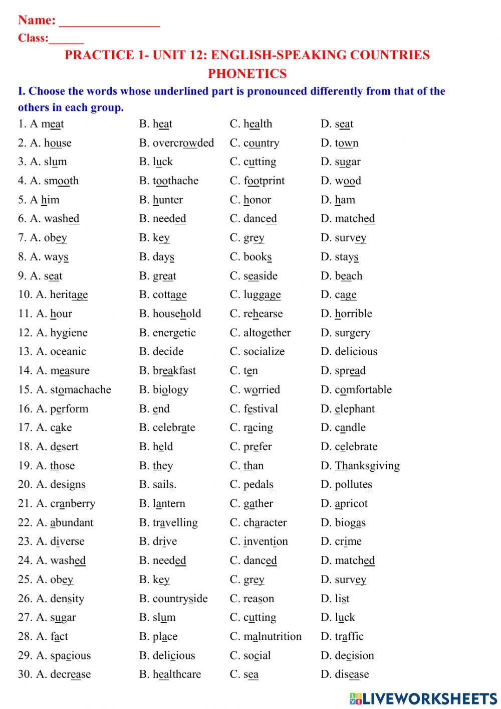 English 7 unit 12 phonetics worksheet | Live Worksheets