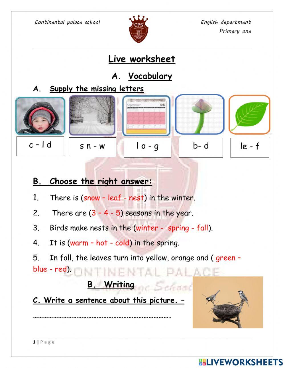 Seasons online exercise for primary one | Live Worksheets