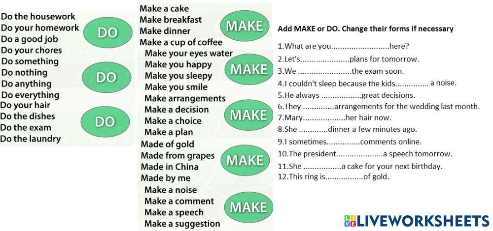 Make or do interactive activity for pre-intermediate | Live Worksheets