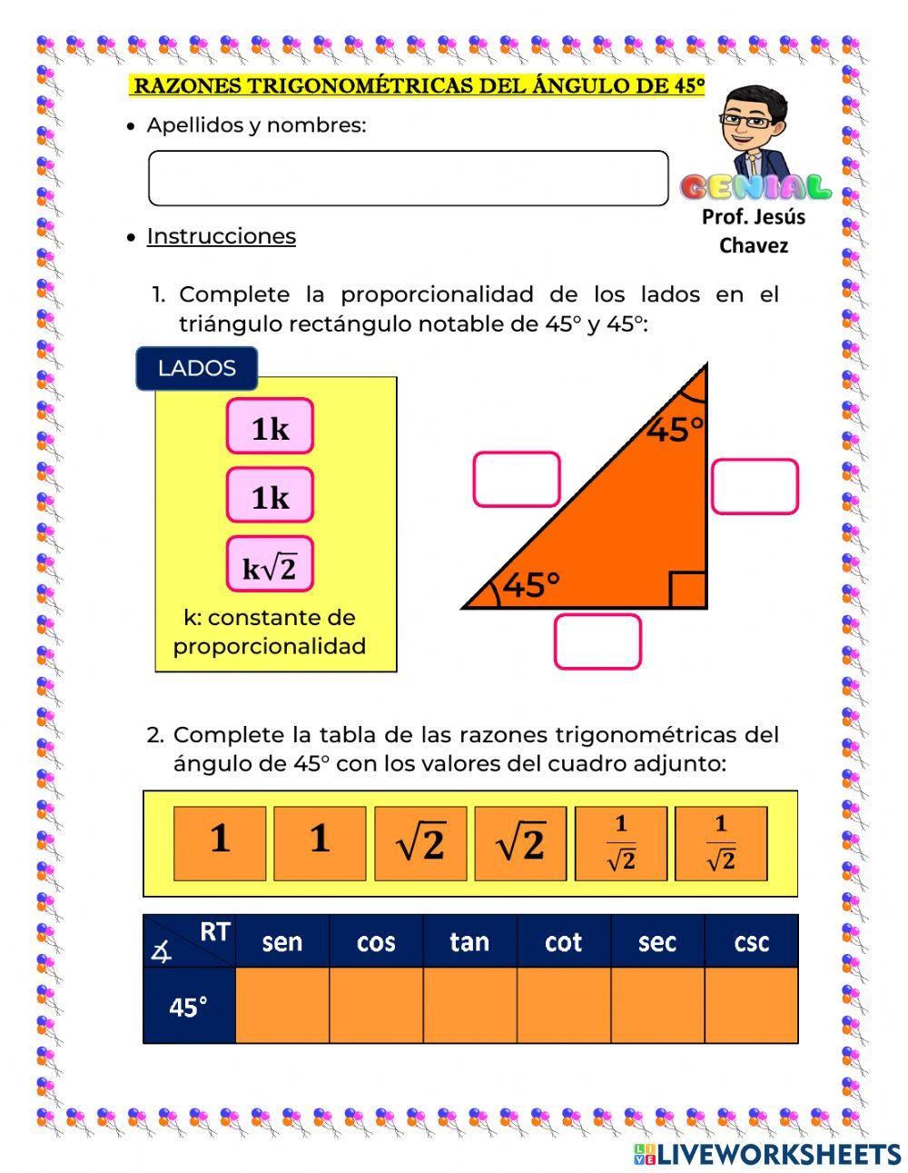 Razones trigonométricas del ángulo de 45° worksheet | Live Worksheets