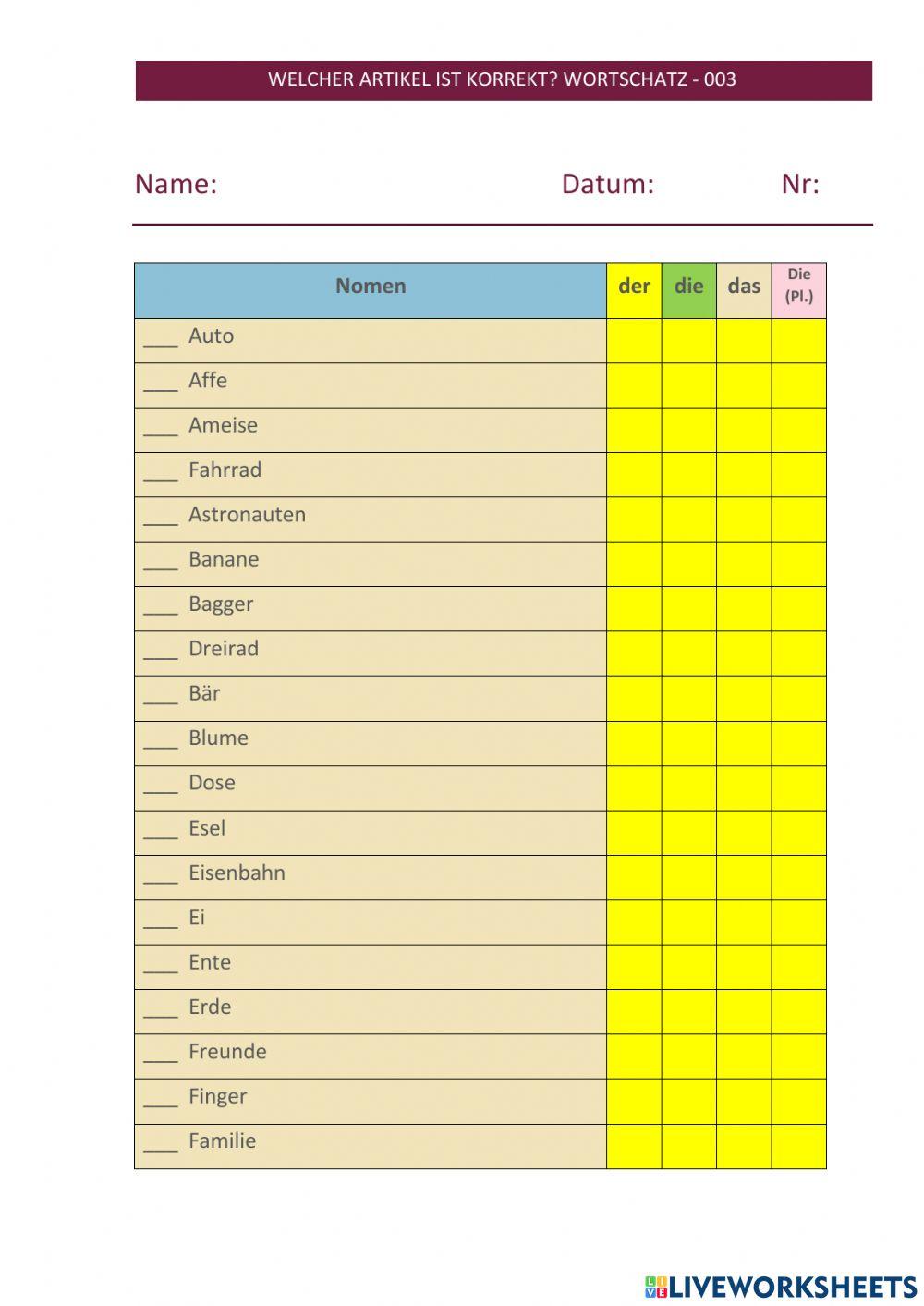 Welcher Artikel ist Korrekt - Wortschatz 003 interactive worksheet ...