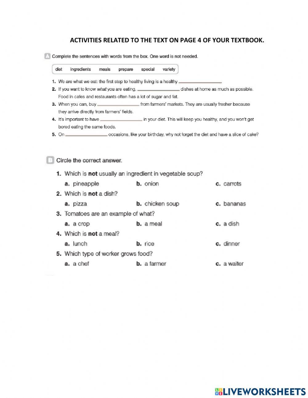 ACTIVITIES RELATED TO TEXT ON PAGE 4 IN YOUR TEXTBOOK online exercise ...