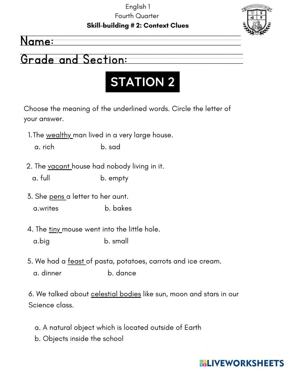 English 1 station 2 worksheet | Live Worksheets