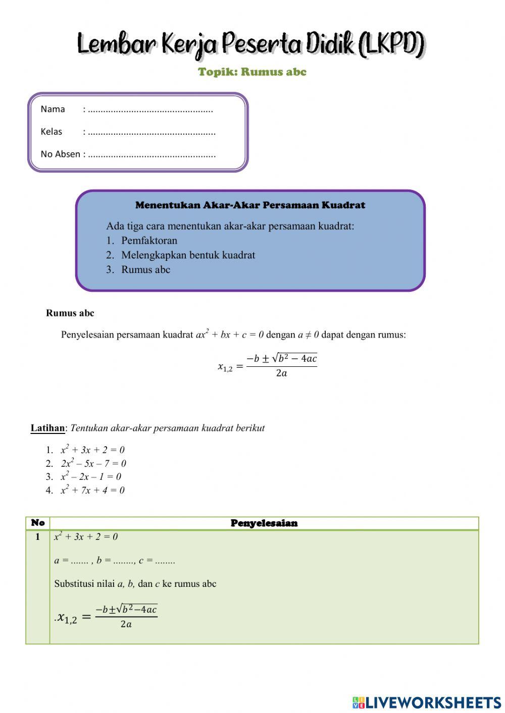 Rumus abc | Free Interactive Worksheets | 2294164