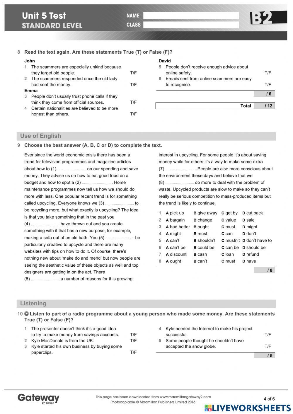Gateway B2 Unit 5 online exercise for | Live Worksheets