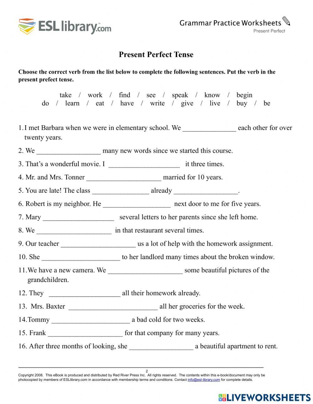 Present perfect tense general review online exercise for | Live Worksheets