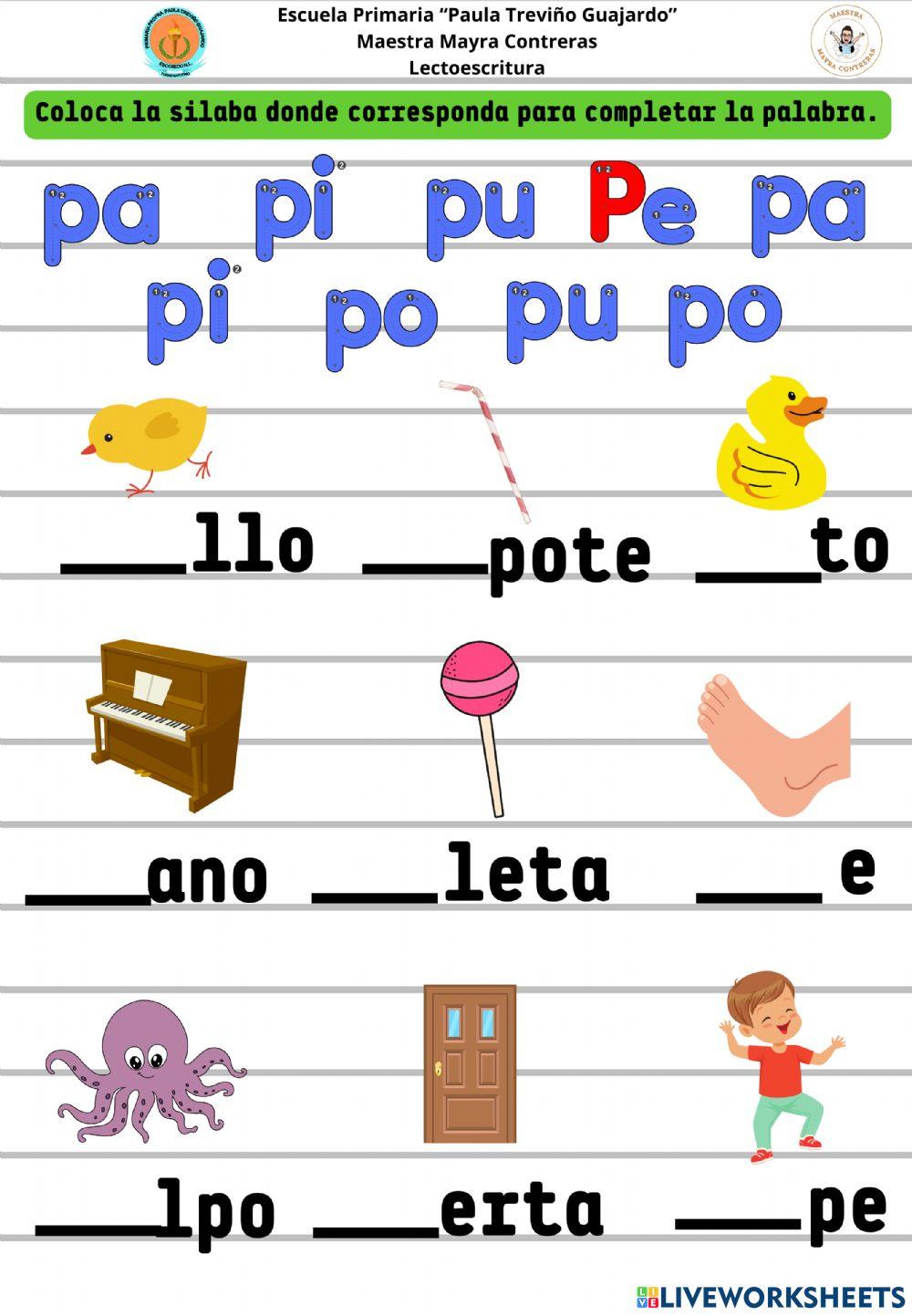Silaba P activity for Primero de Primaria | Live Worksheets