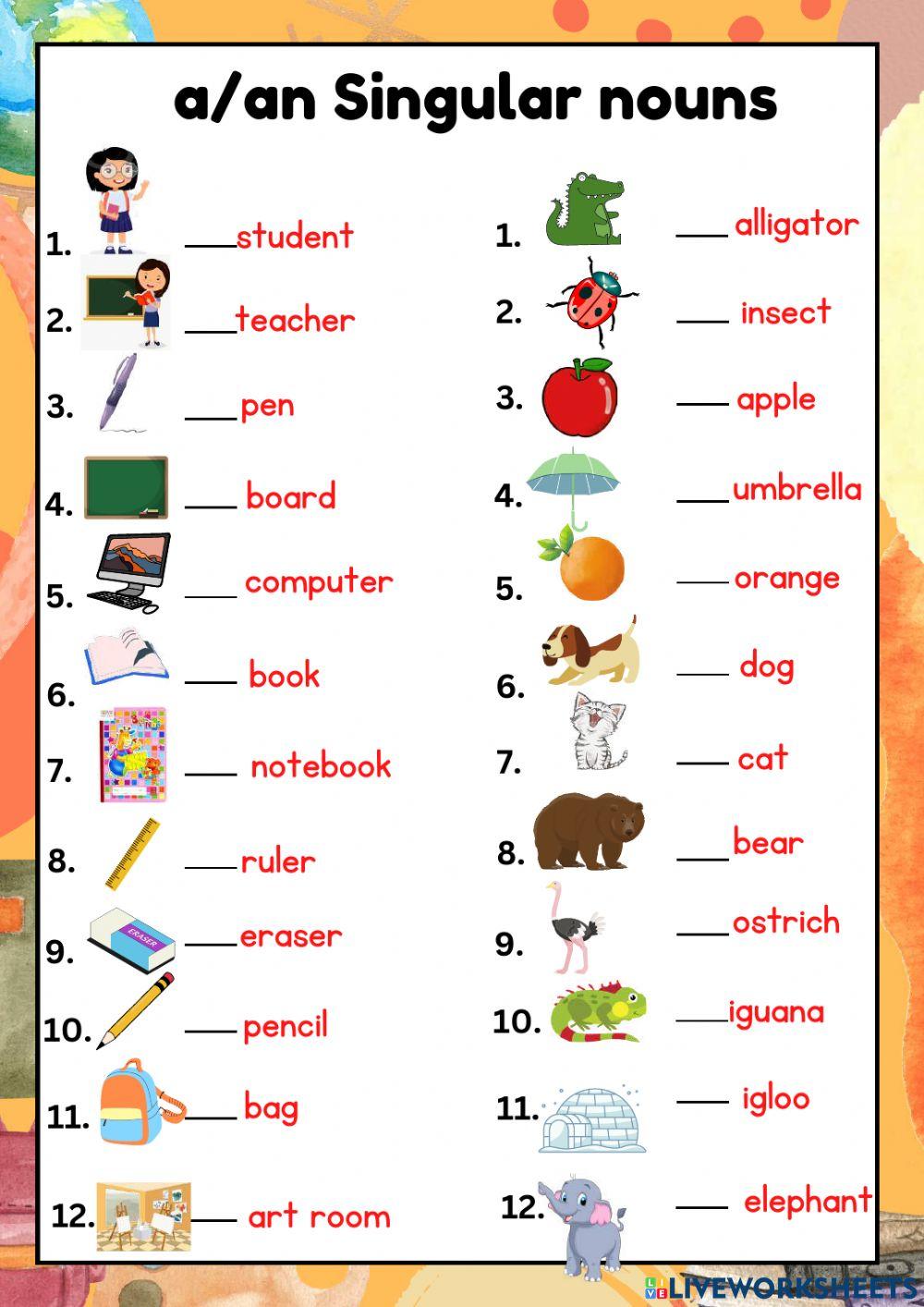 Aan singular no… | Free Interactive Worksheets | 2295125