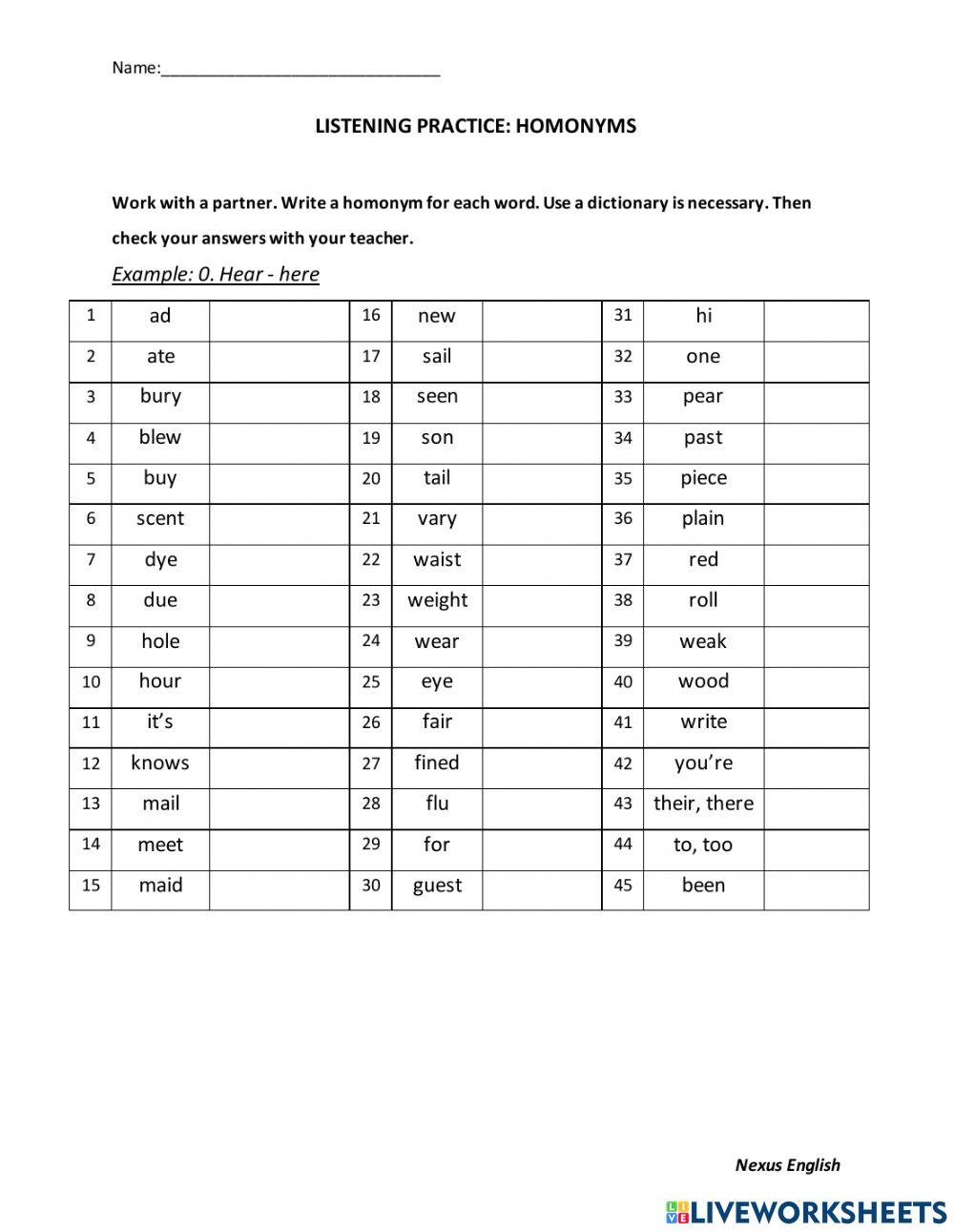 HOMONYMS 4025184 | Ho Thi Minh Thuy | Live Worksheets