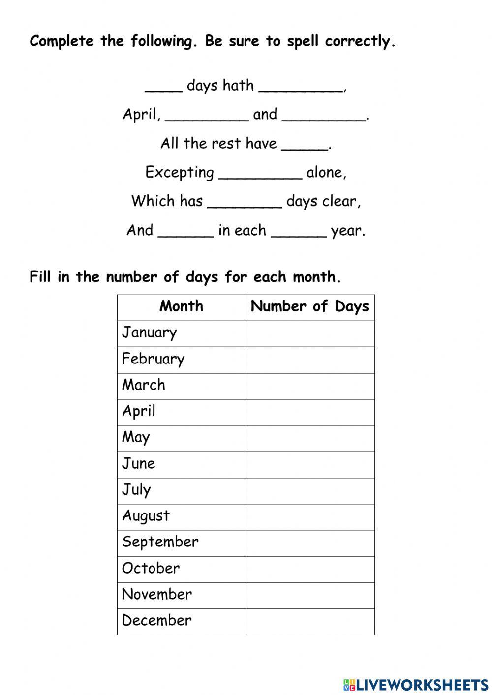Number of Days in a Month online exercise for | Live Worksheets
