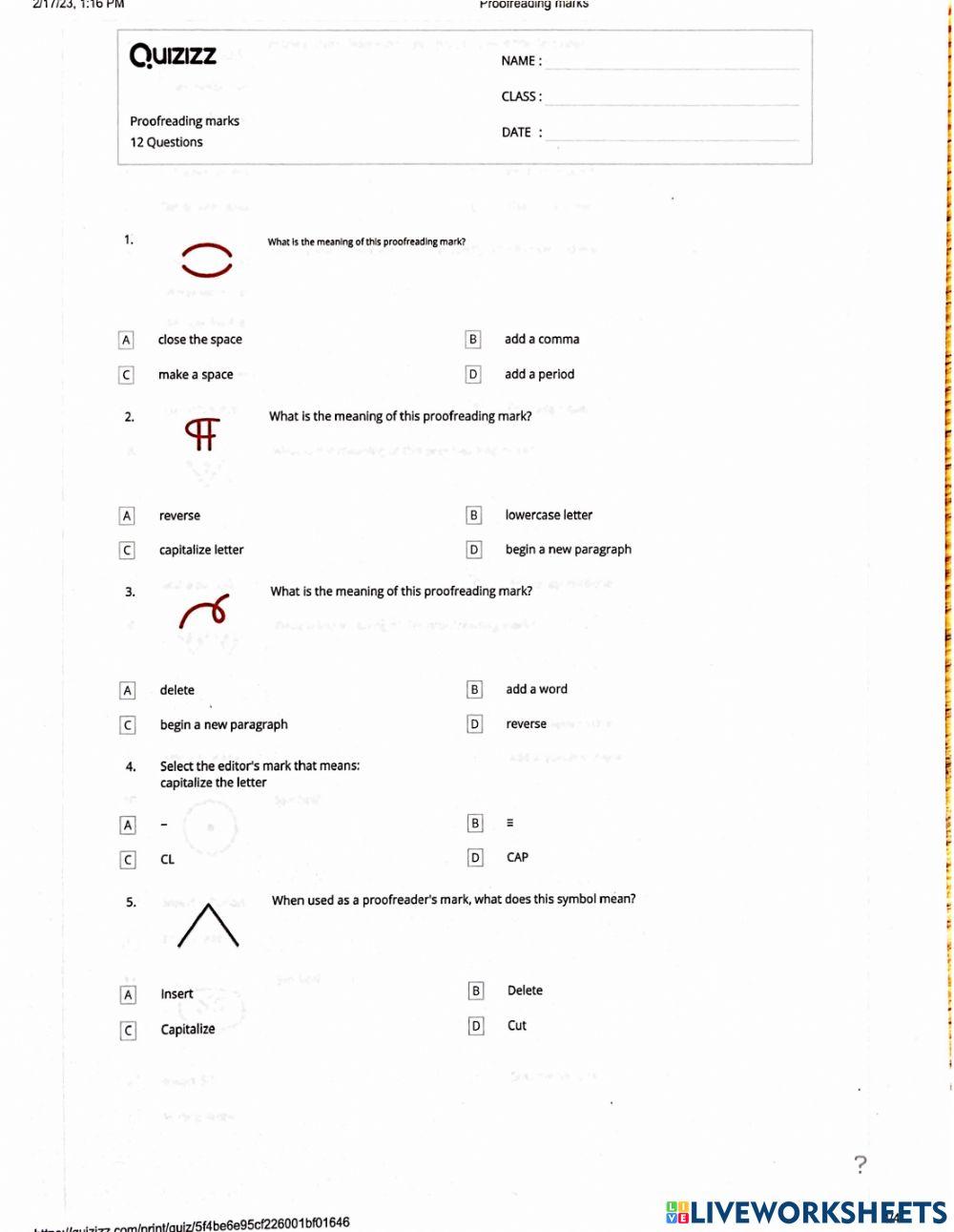 editing marks worksheet