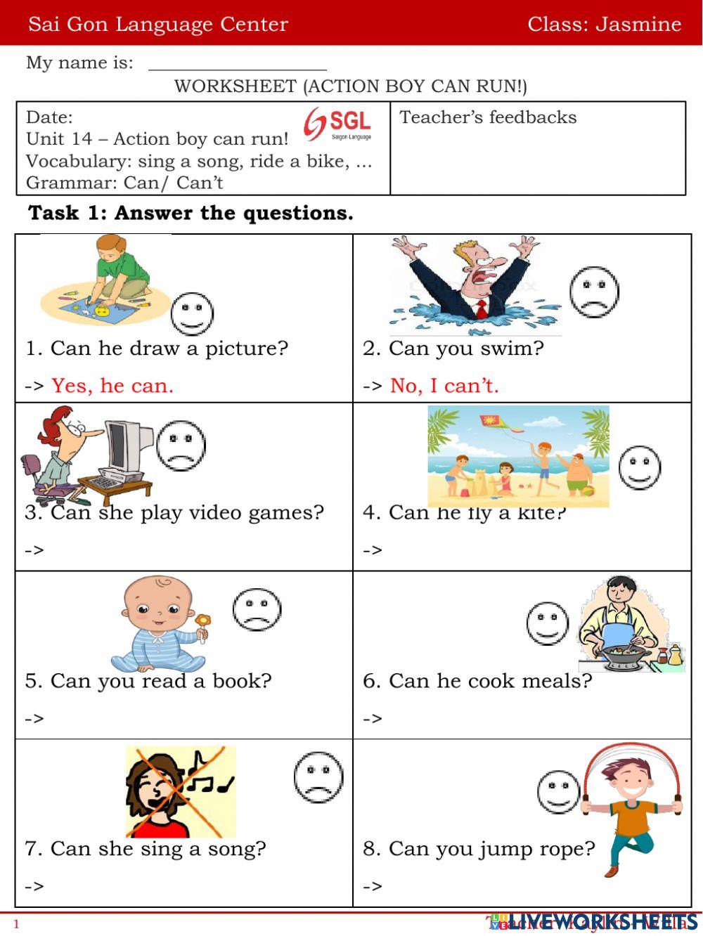 Action boy can run! interactive worksheet for Class: Jasmine | Live ...