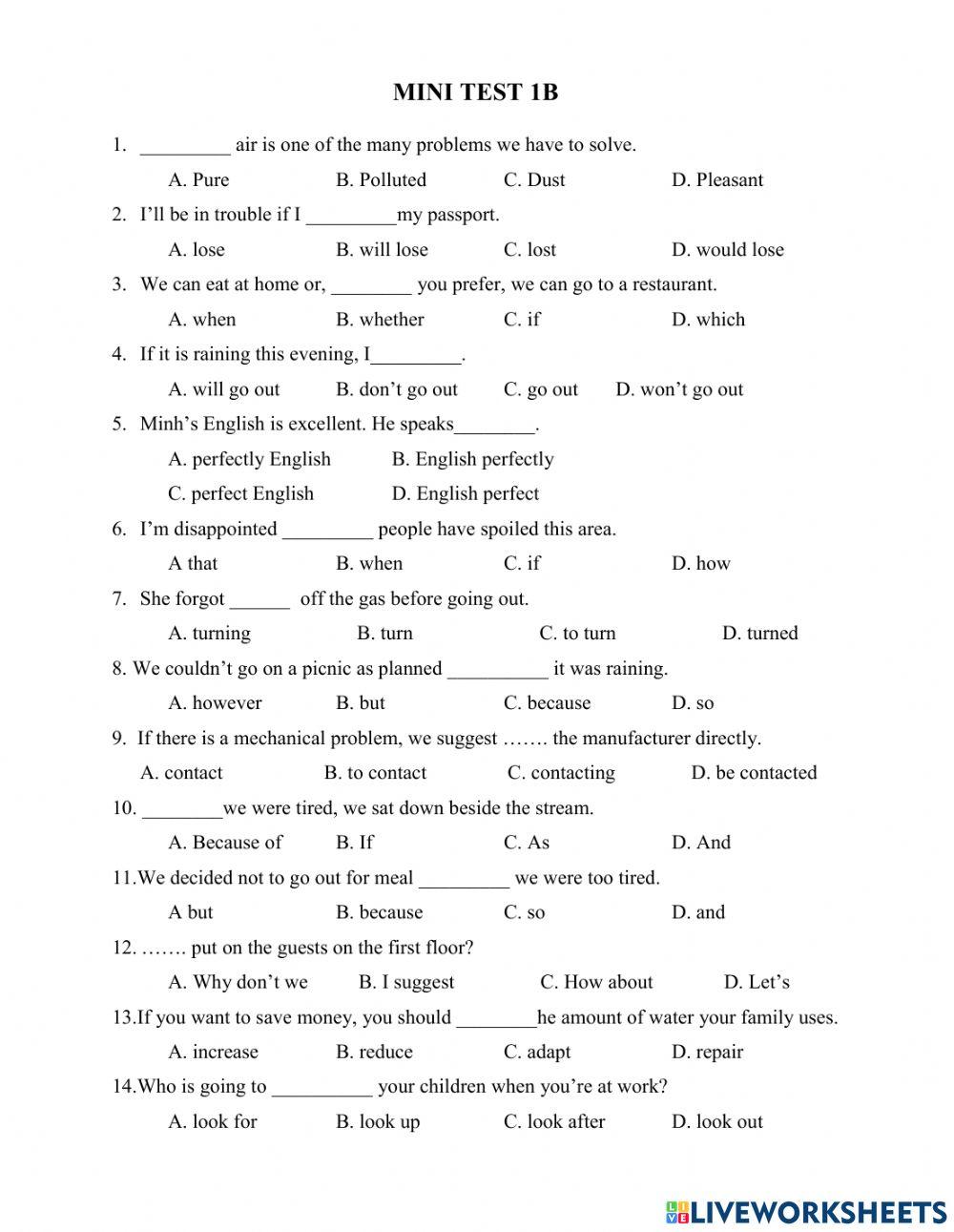 Mini test 1B worksheet | Live Worksheets