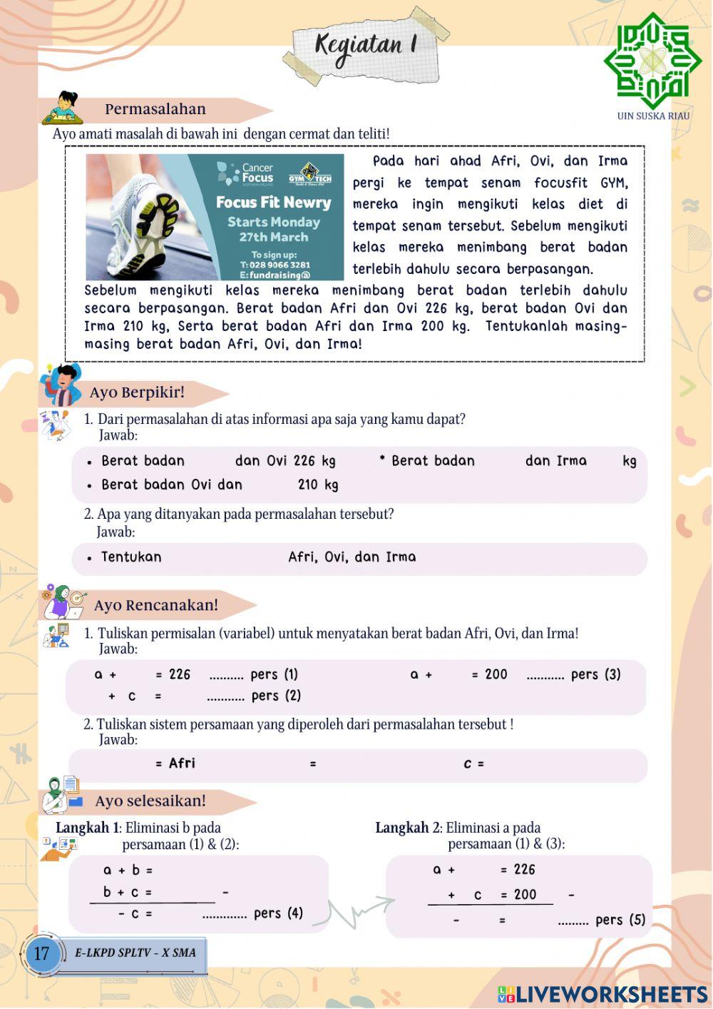 E-LKPD 3 Metode Eliminasi SPLTV 1953 | Ivo Rahmi