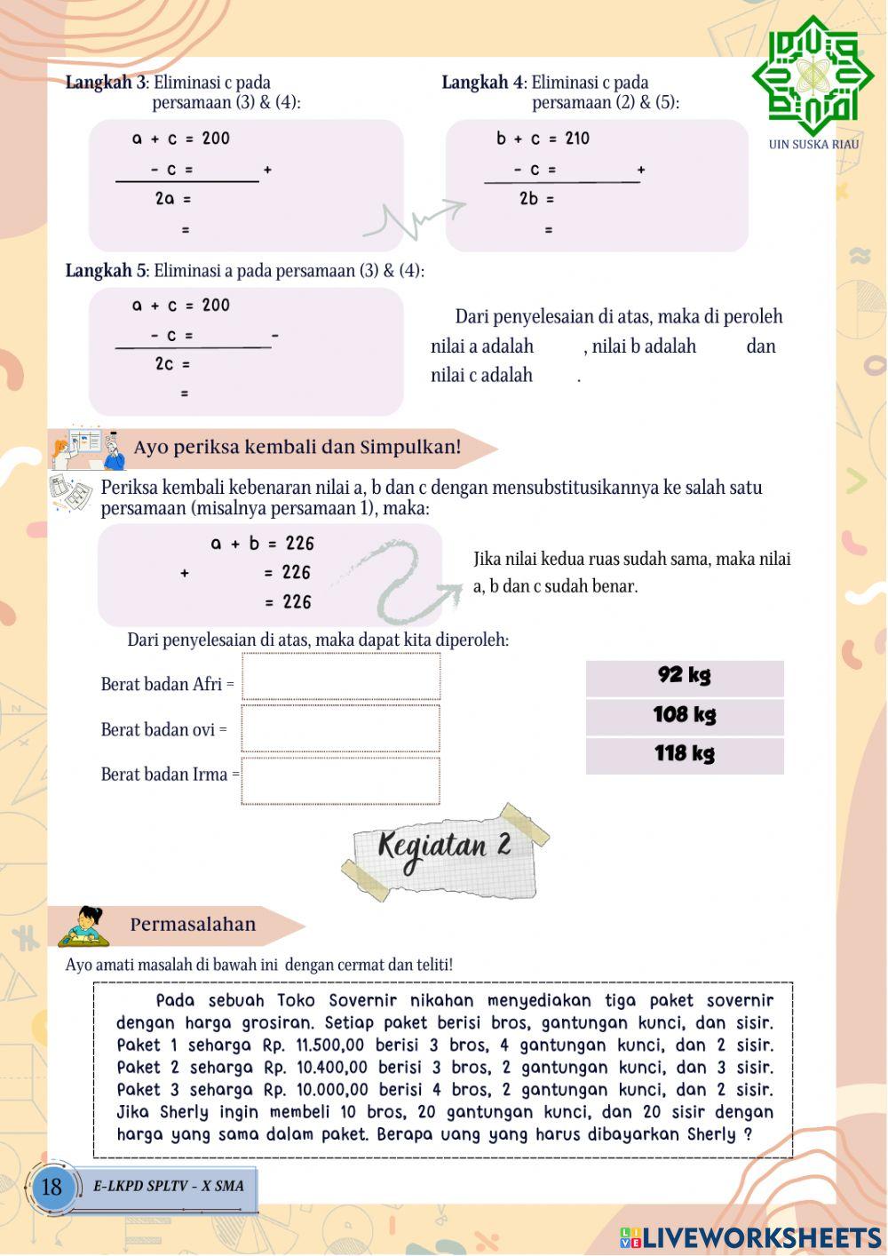 E-LKPD 3 Metode Eliminasi SPLTV 1953 | Ivo Rahmi