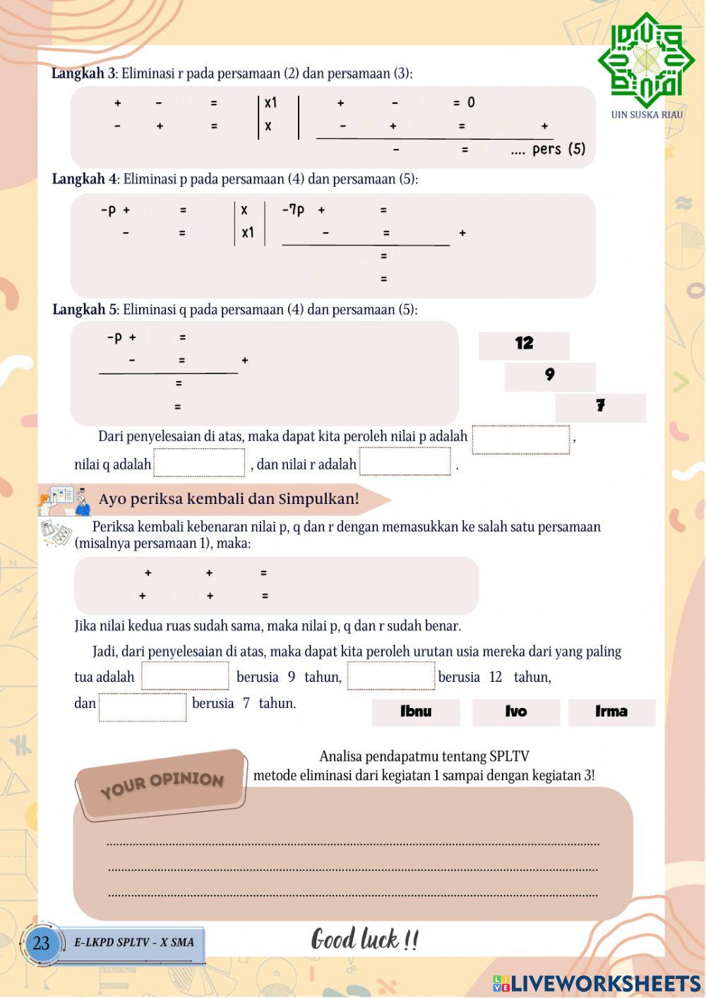 E-LKPD 3 Metode Eliminasi SPLTV 1953 | Ivo Rahmi