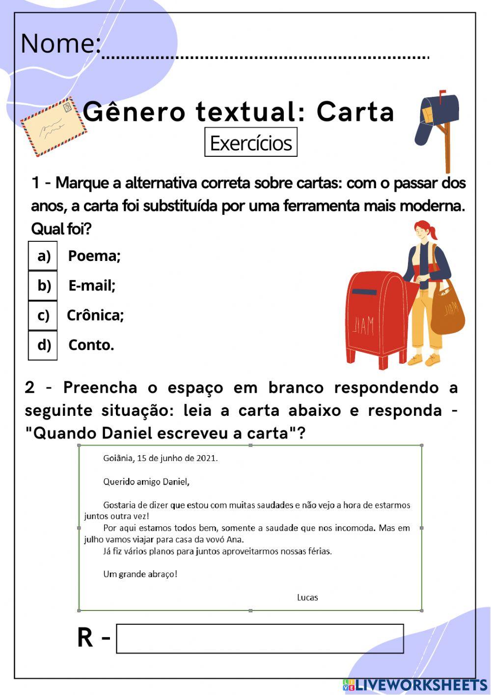 Gênero textual: cartas worksheet | Live Worksheets