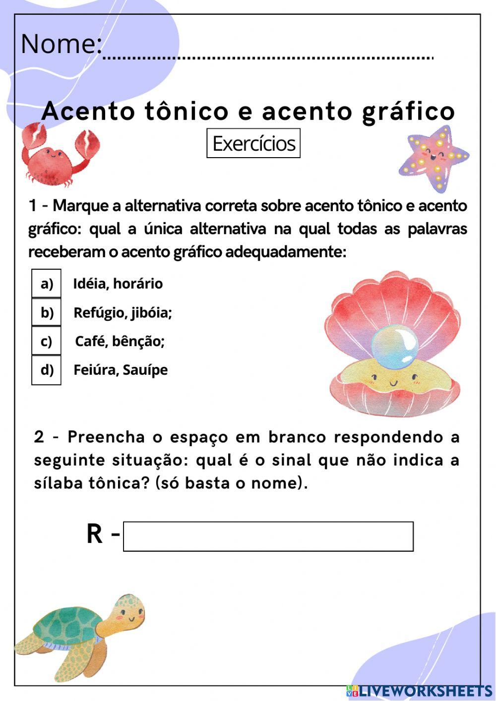 Acento tônico e gráfico worksheet | Live Worksheets