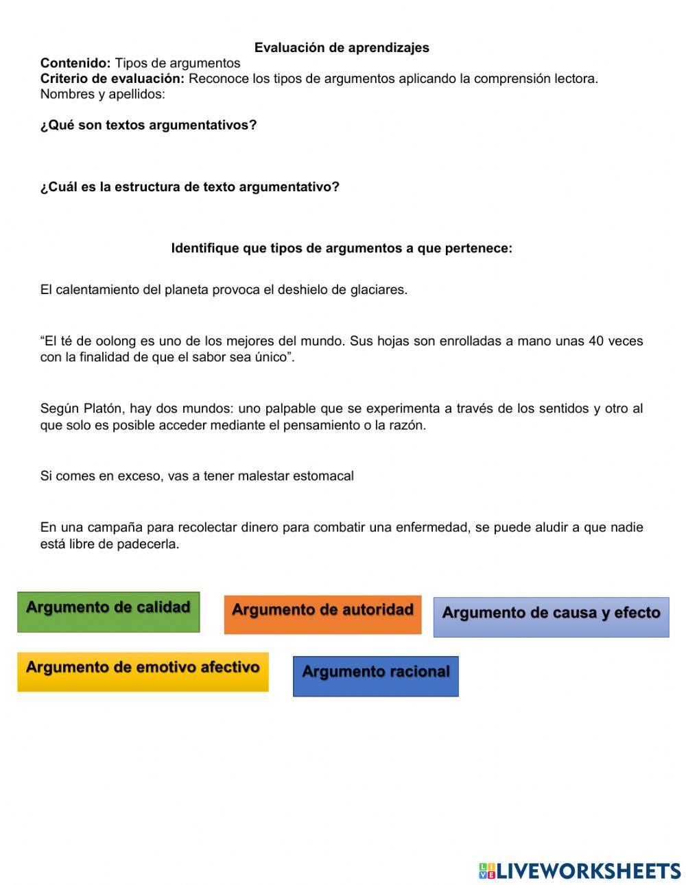 Tipos de argumentativos worksheet | Live Worksheets