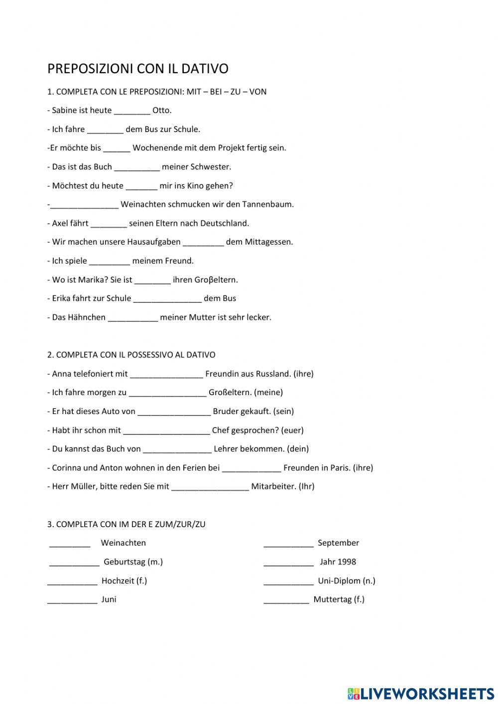 Preposizioni con il dativo worksheet | Live Worksheets