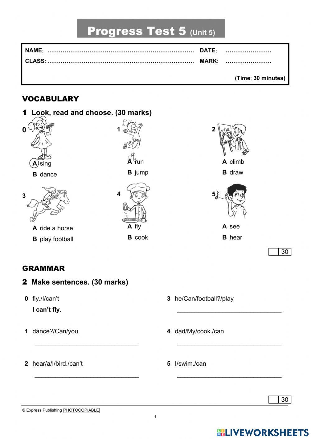 Junior 2 - Progress Tests 5 - 6 online exercise for | Live Worksheets