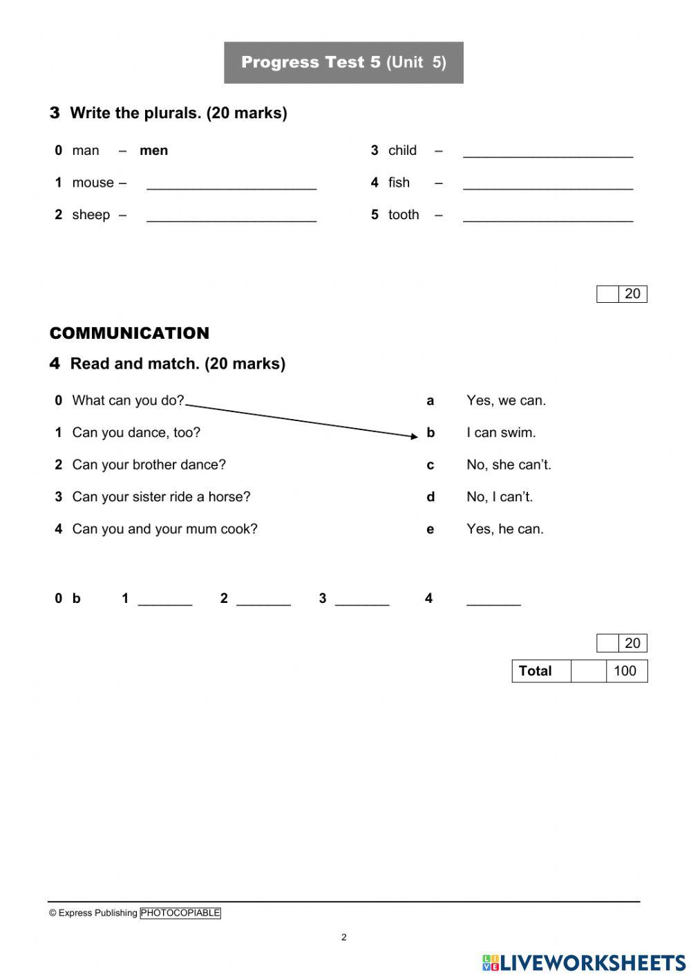 Junior 2 - Progress Tests 5 - 6 online exercise for | Live Worksheets