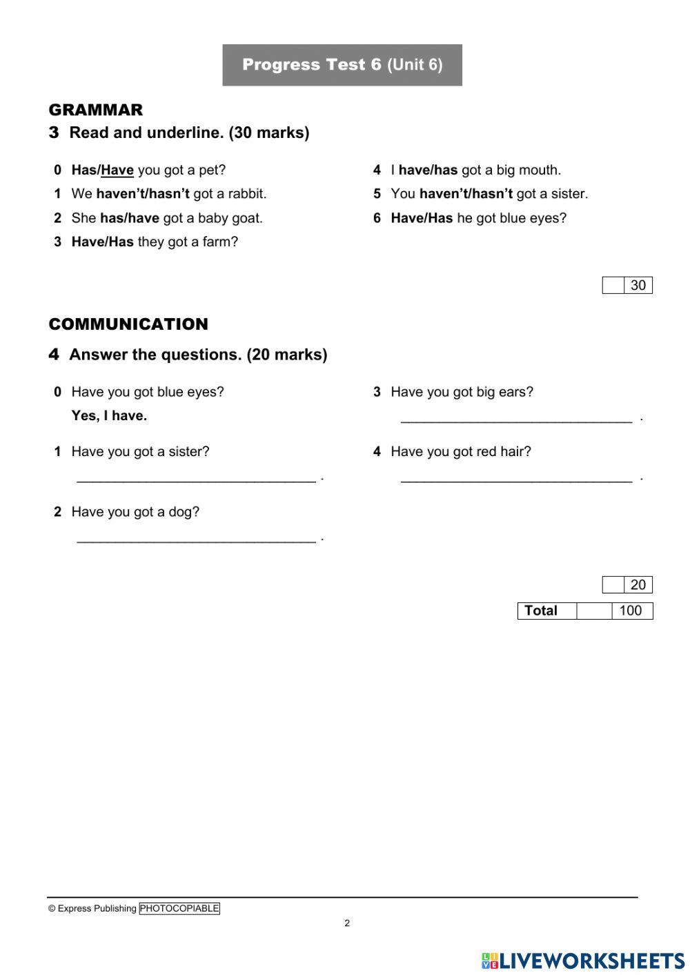 Junior 2 - Progress Tests 5 - 6 online exercise for | Live Worksheets