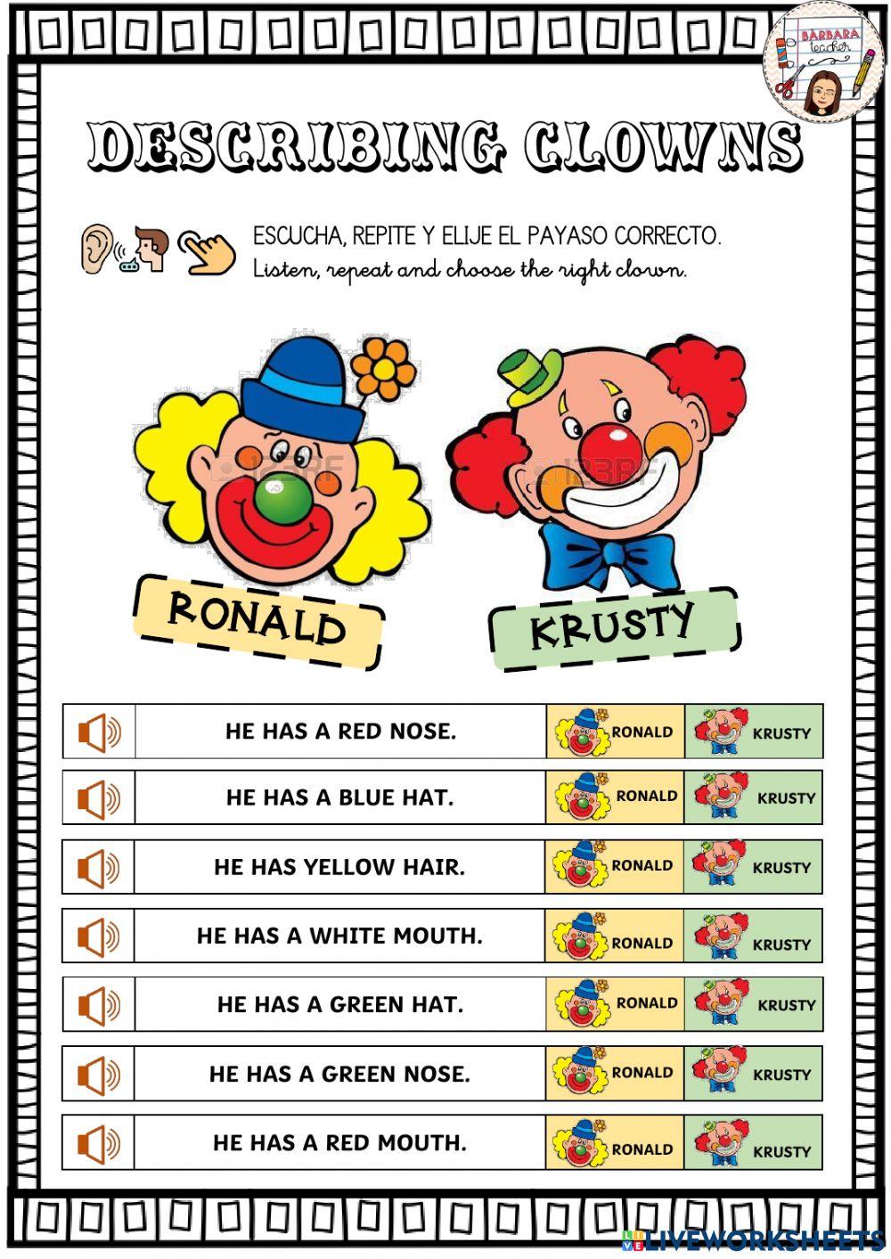 Describing clowns interactive worksheet | Live Worksheets
