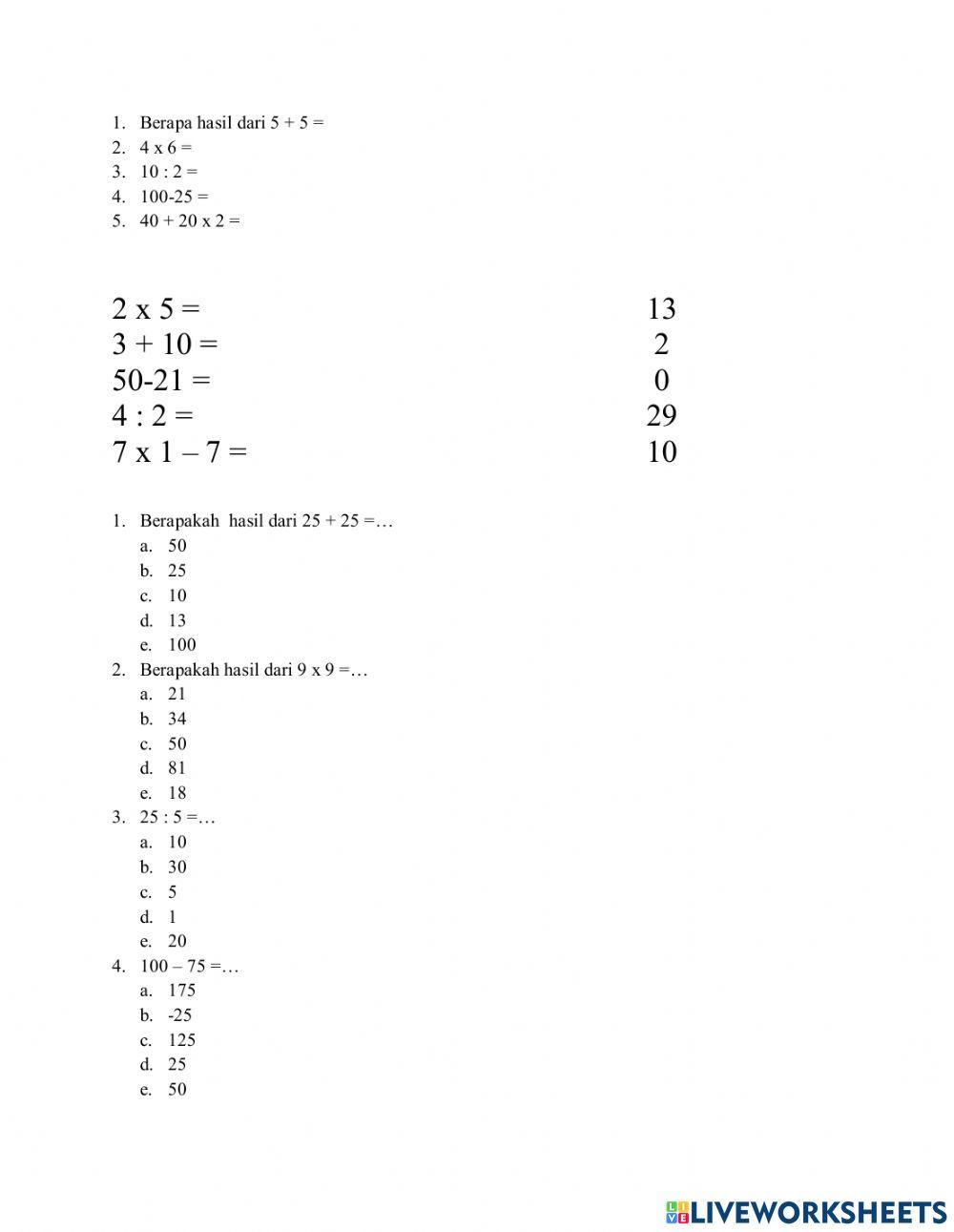 Operasi Matematika worksheet | Live Worksheets
