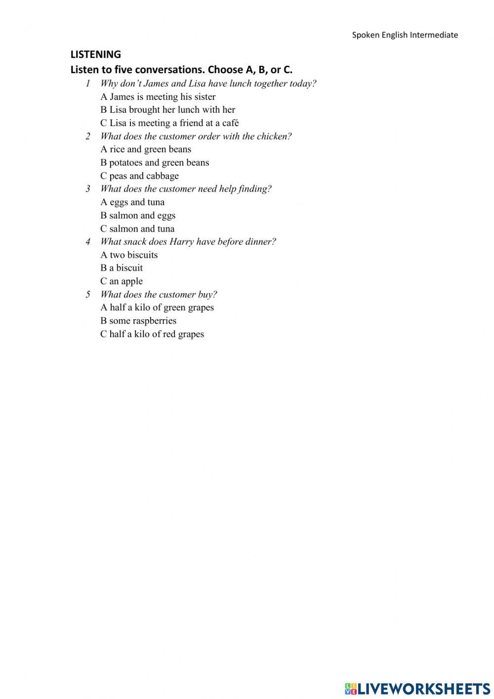 Entry Test Spoken Intermediate online exercise for | Live Worksheets