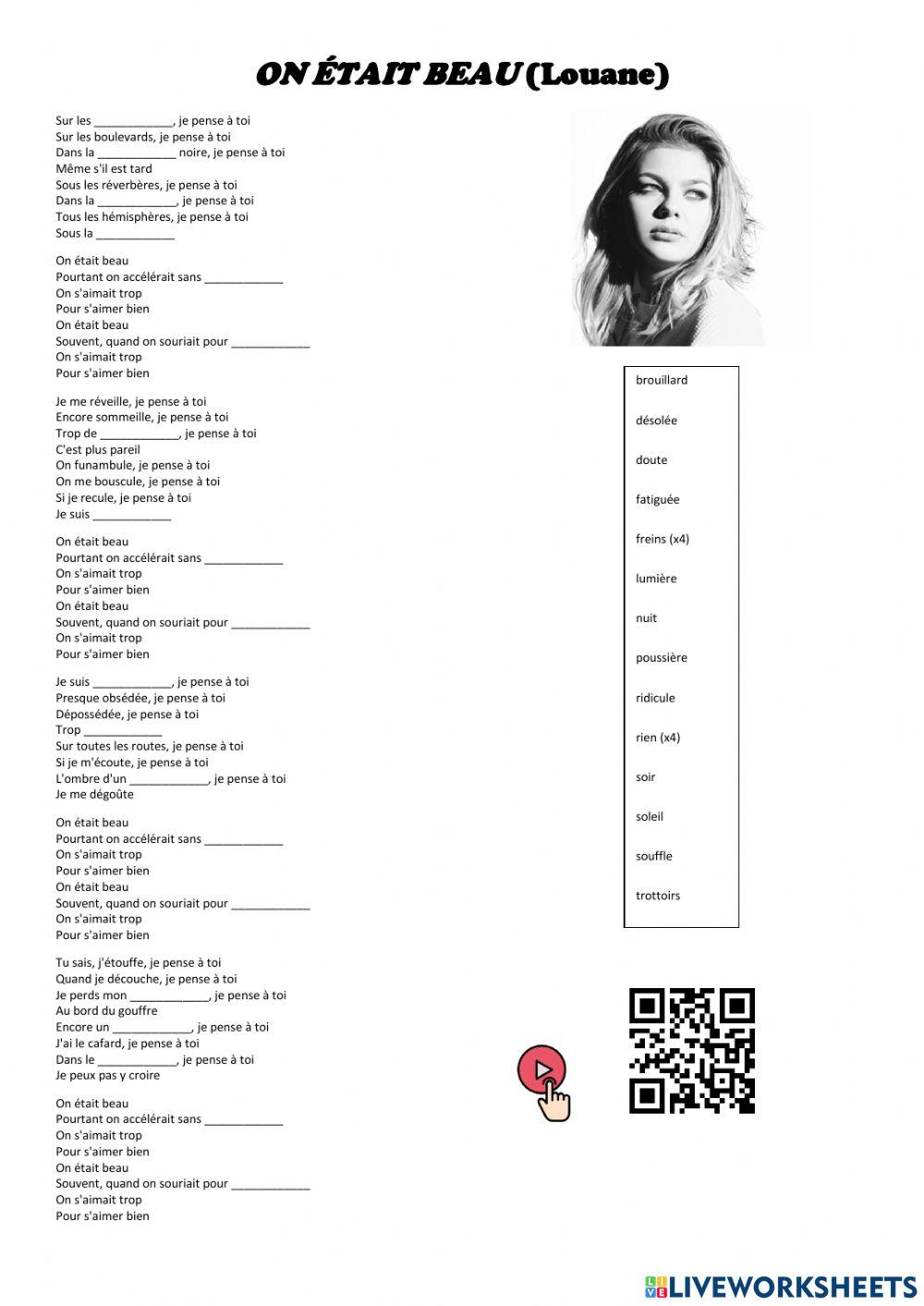 Chanson: -On était beau- (Louane) worksheet | Live Worksheets