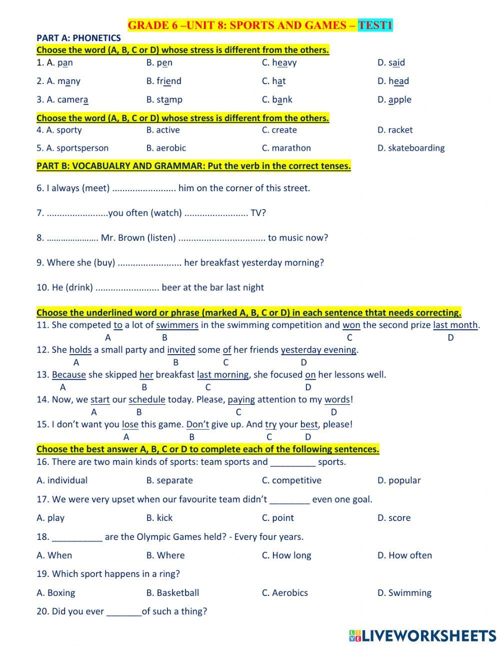 G6-unit 8 tn 50c test1 worksheet | Live Worksheets