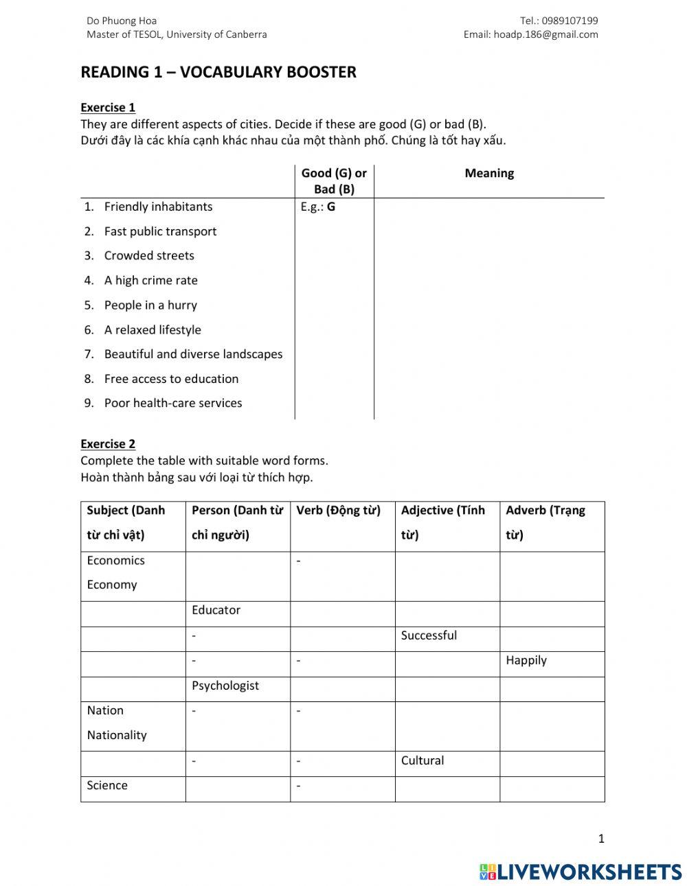 READING 1 - VOC… | Free Interactive Worksheets | 2893134