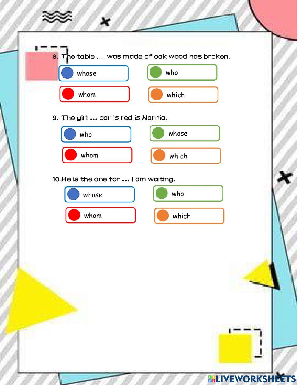 Relative Pronouns online exercise for XI | Live Worksheets