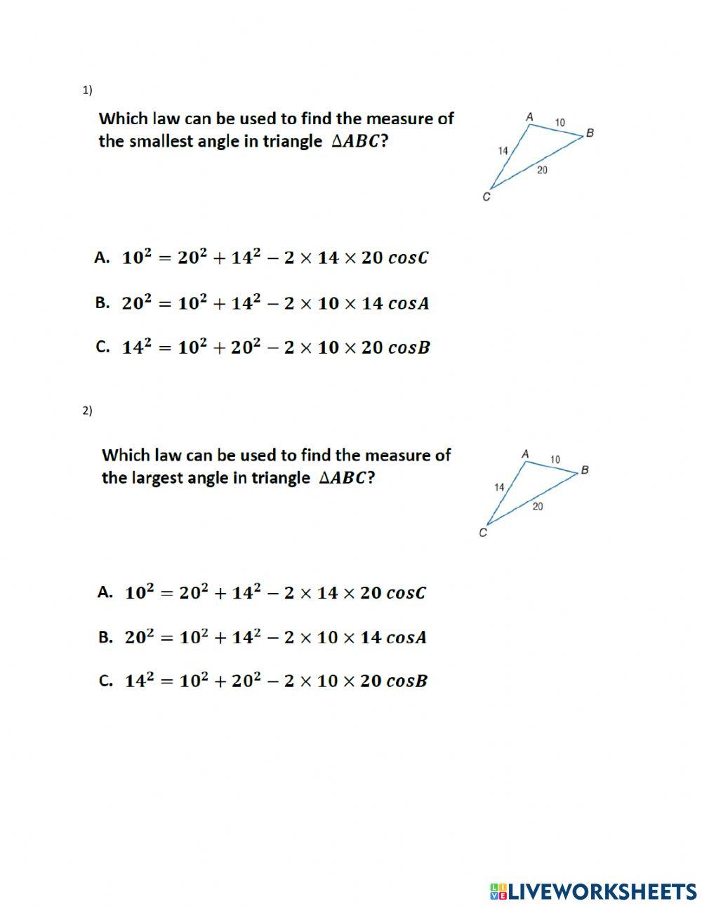 Cosine law | Free Interactive Worksheets | 2298865