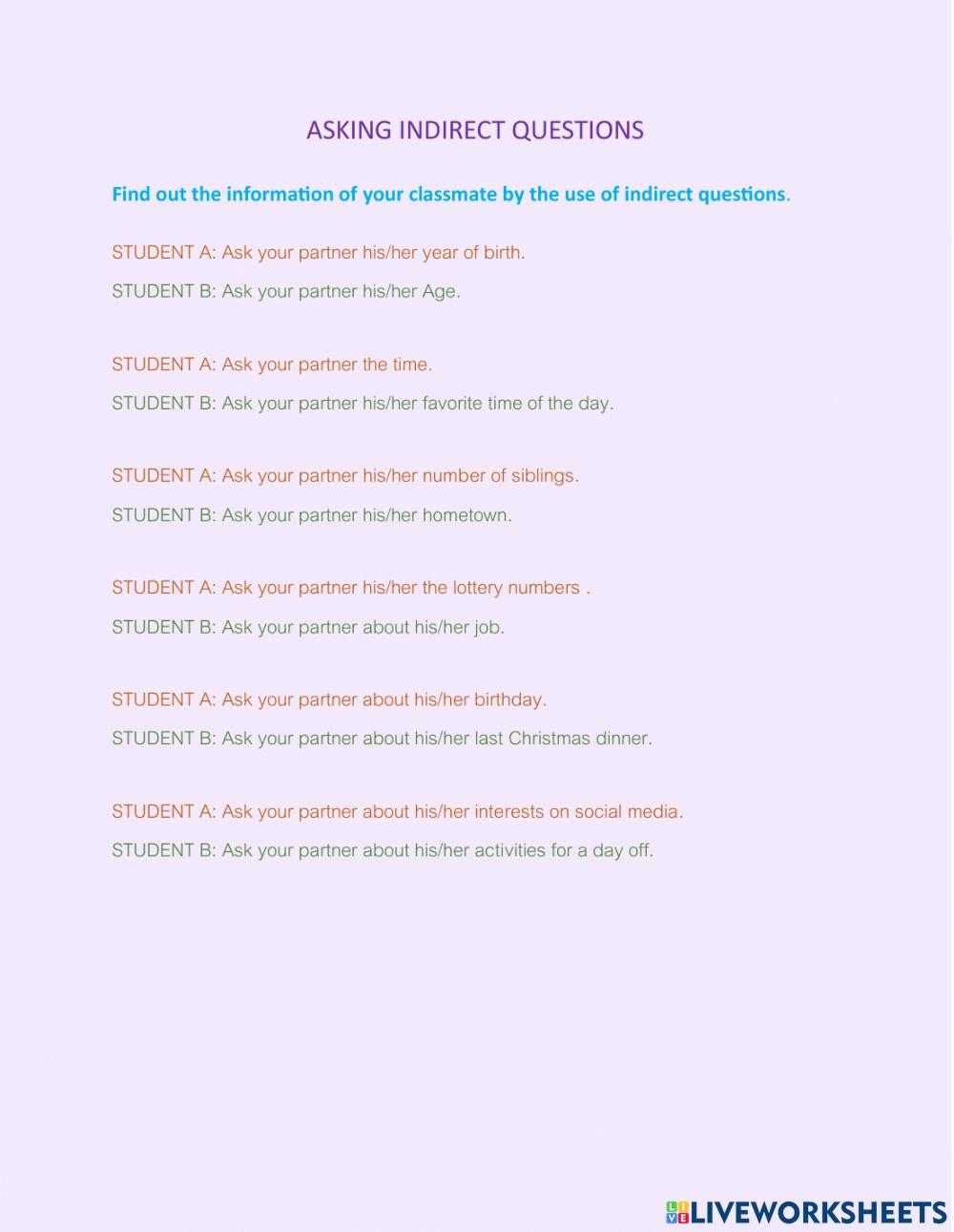 INDIRECT QUESTIONS 3667162 | VivianI | Live Worksheets