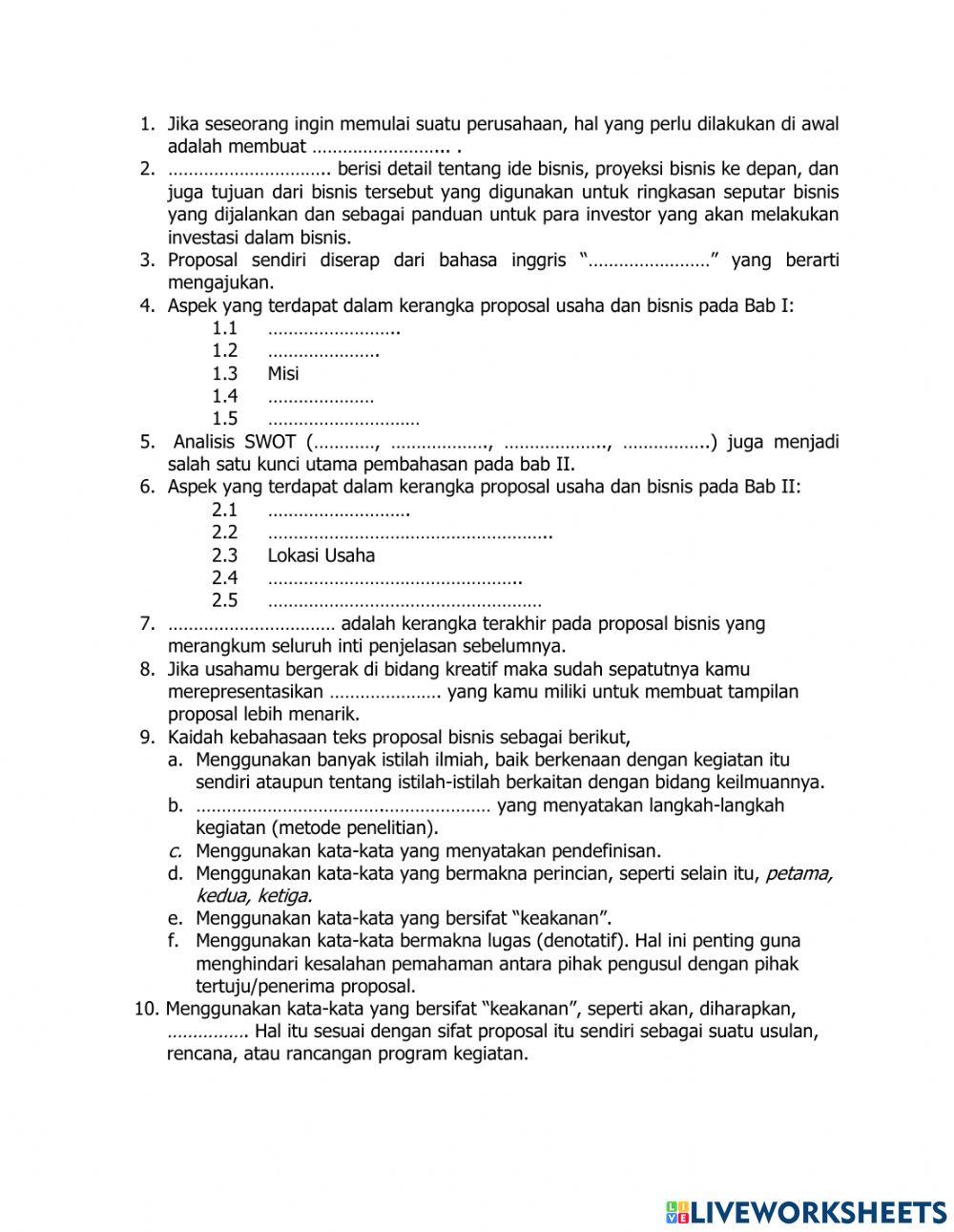 Proposal Bisnis worksheet | Live Worksheets