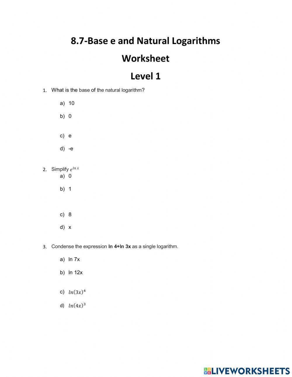Base E And Natural Logarithm Worksheet 1 Online Exercise For Live base-e-and-natural-logarithm-worksheet-1-online-exercise-for-live