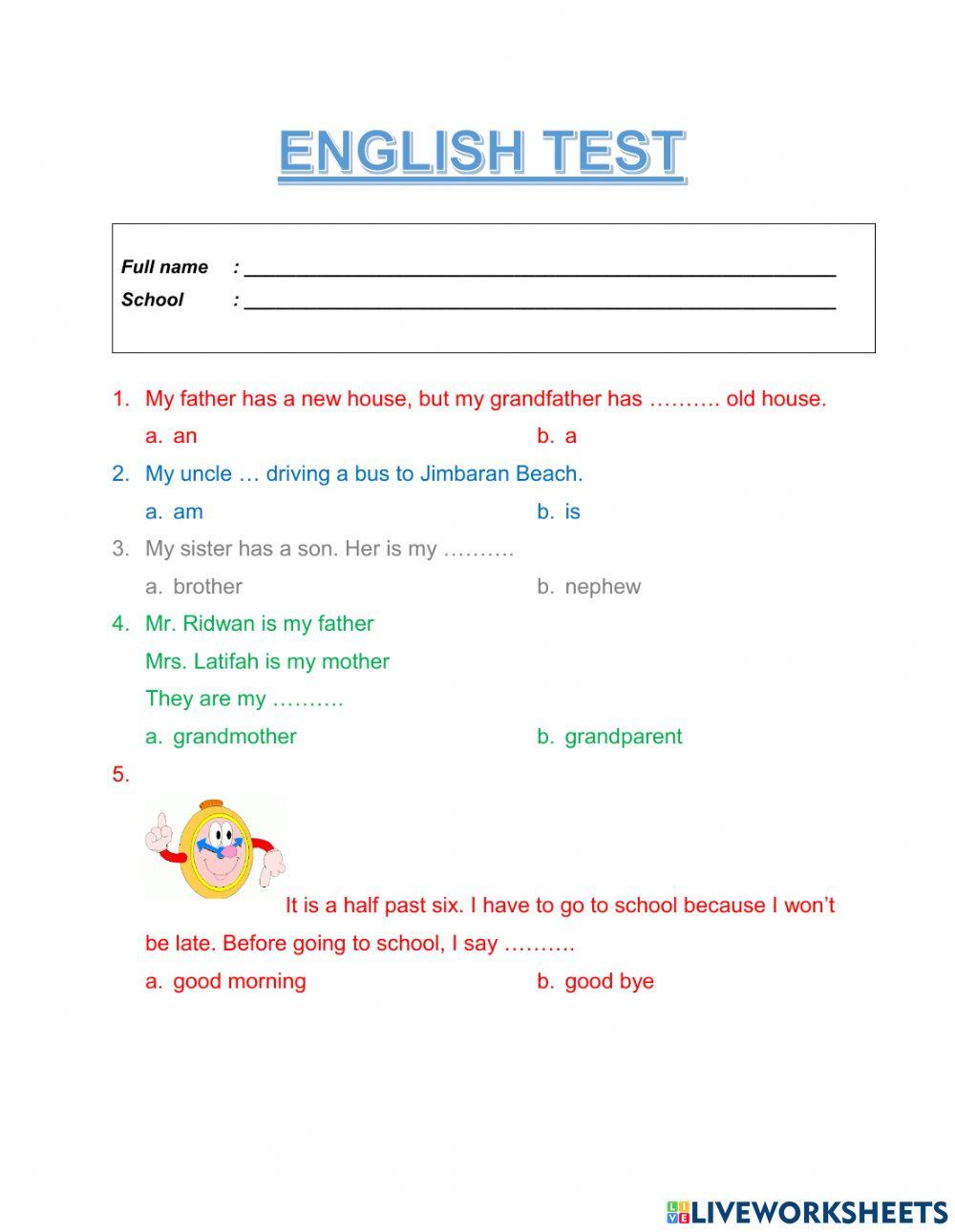 English Test online exercise for 6 | Live Worksheets