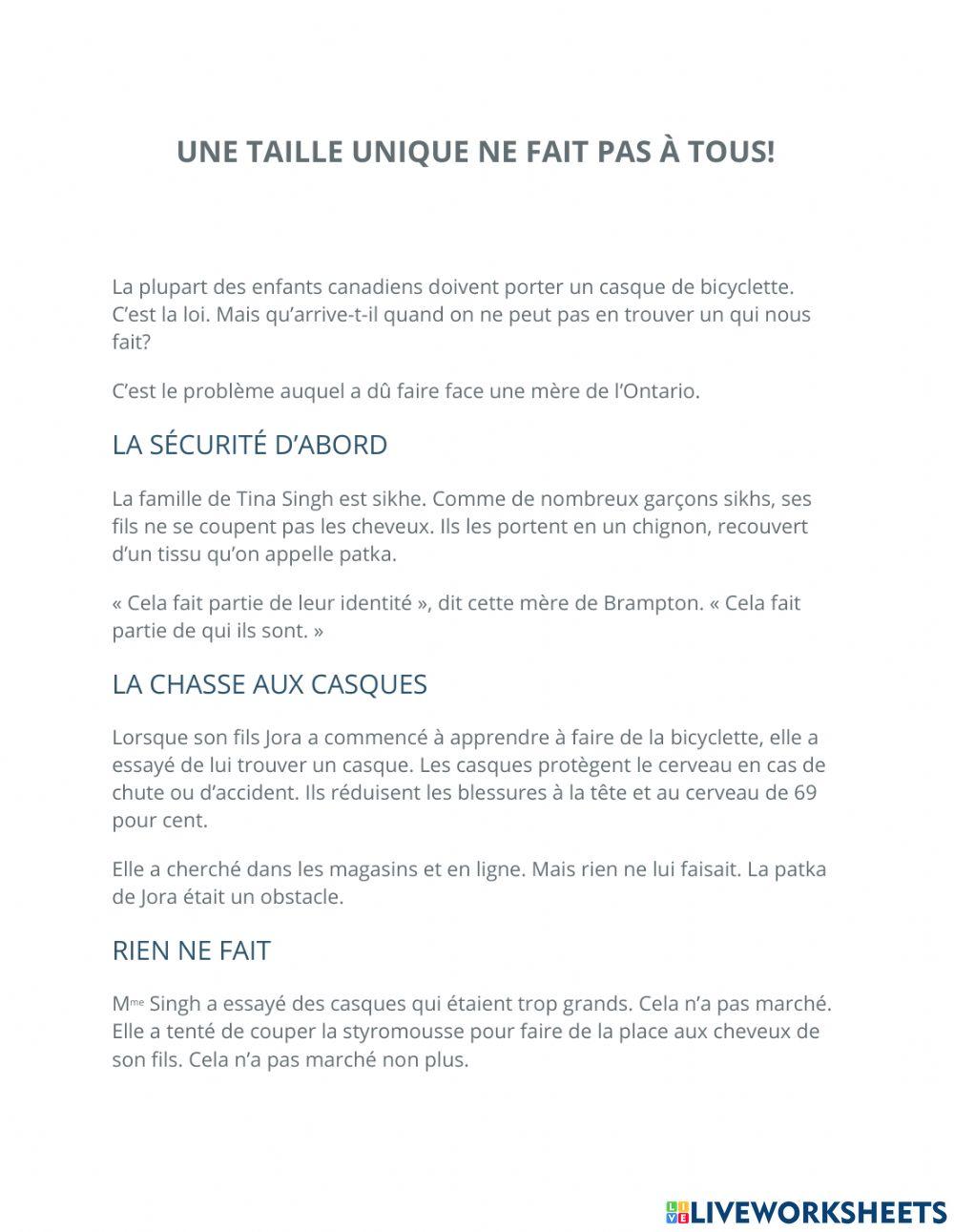 Taille unique | Free Interactive Worksheets | 2299923