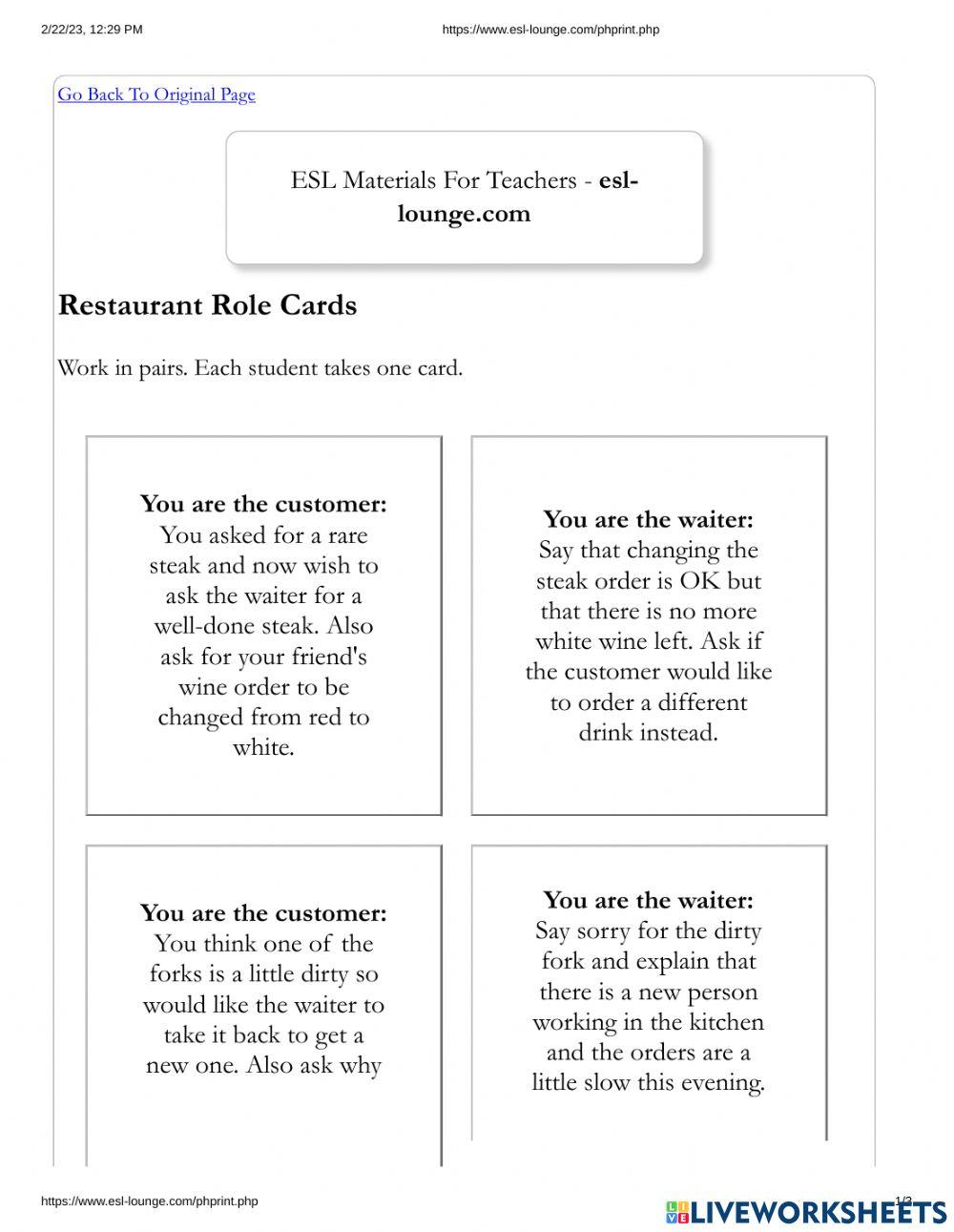 waiter-customer role-play Cafeteria online exercise for | Live Worksheets