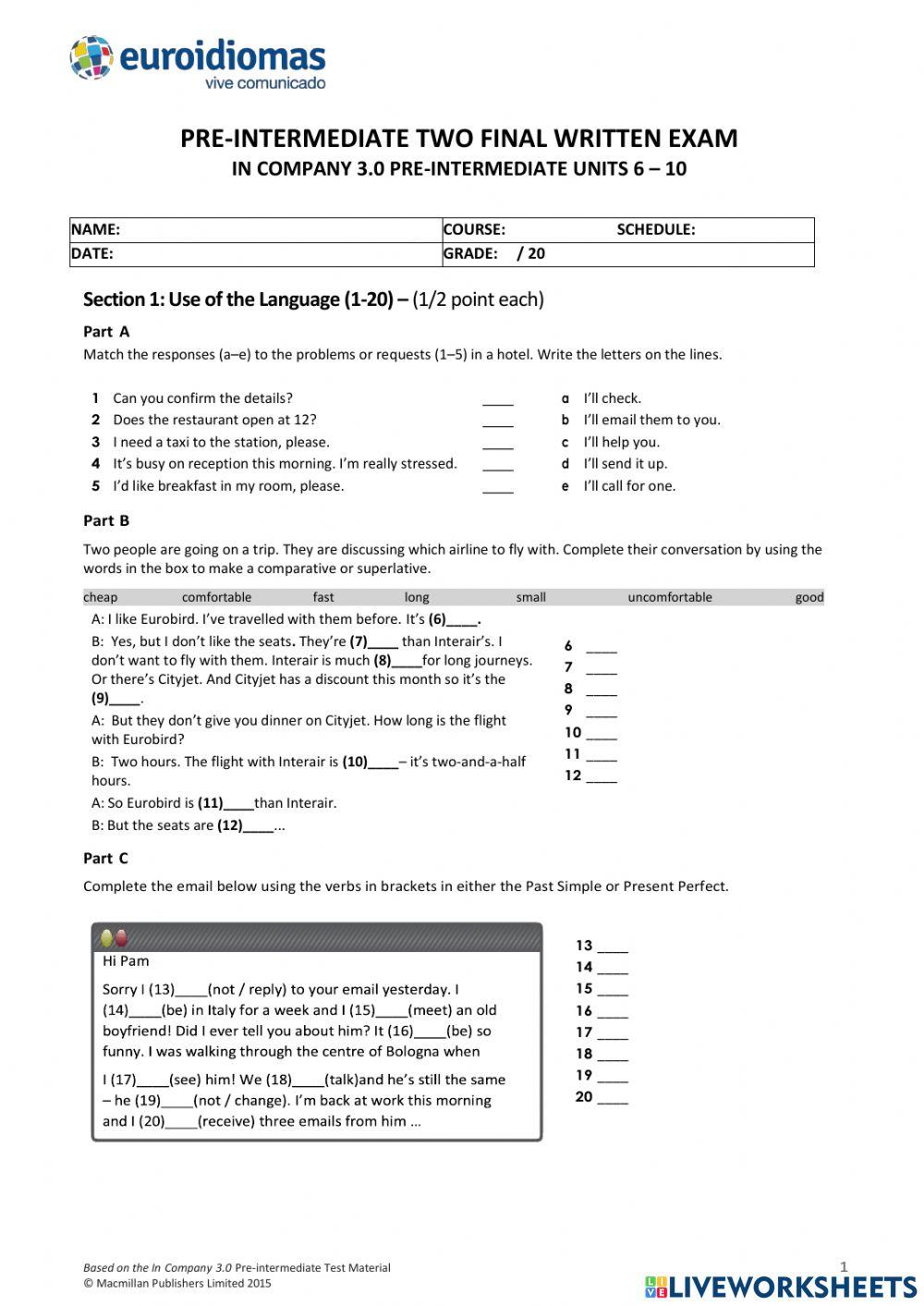 In Company 3.0 Pre-intermediate 2 online exercise for | Live Worksheets