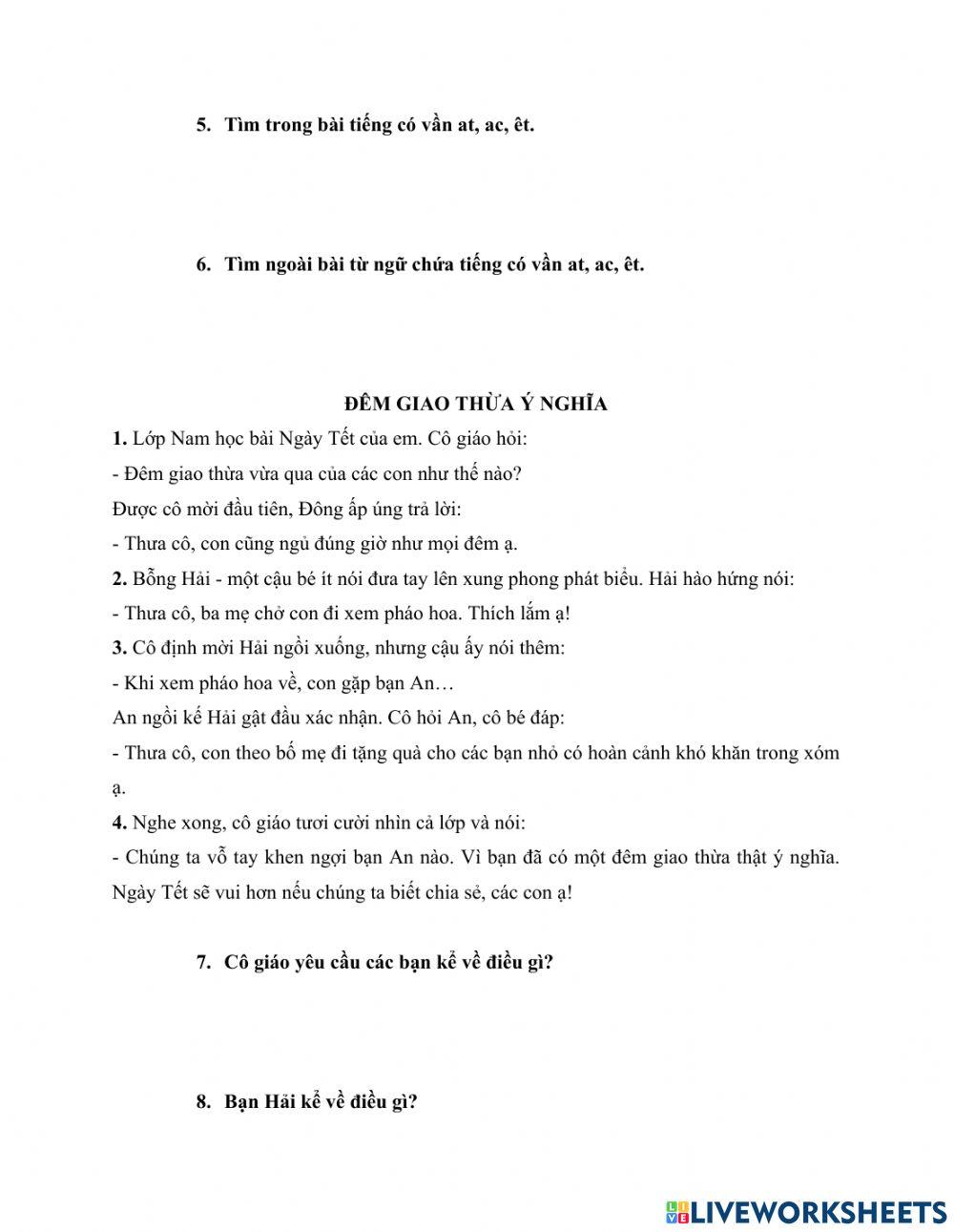 Vietnamese interactive worksheet for 1 | Live Worksheets