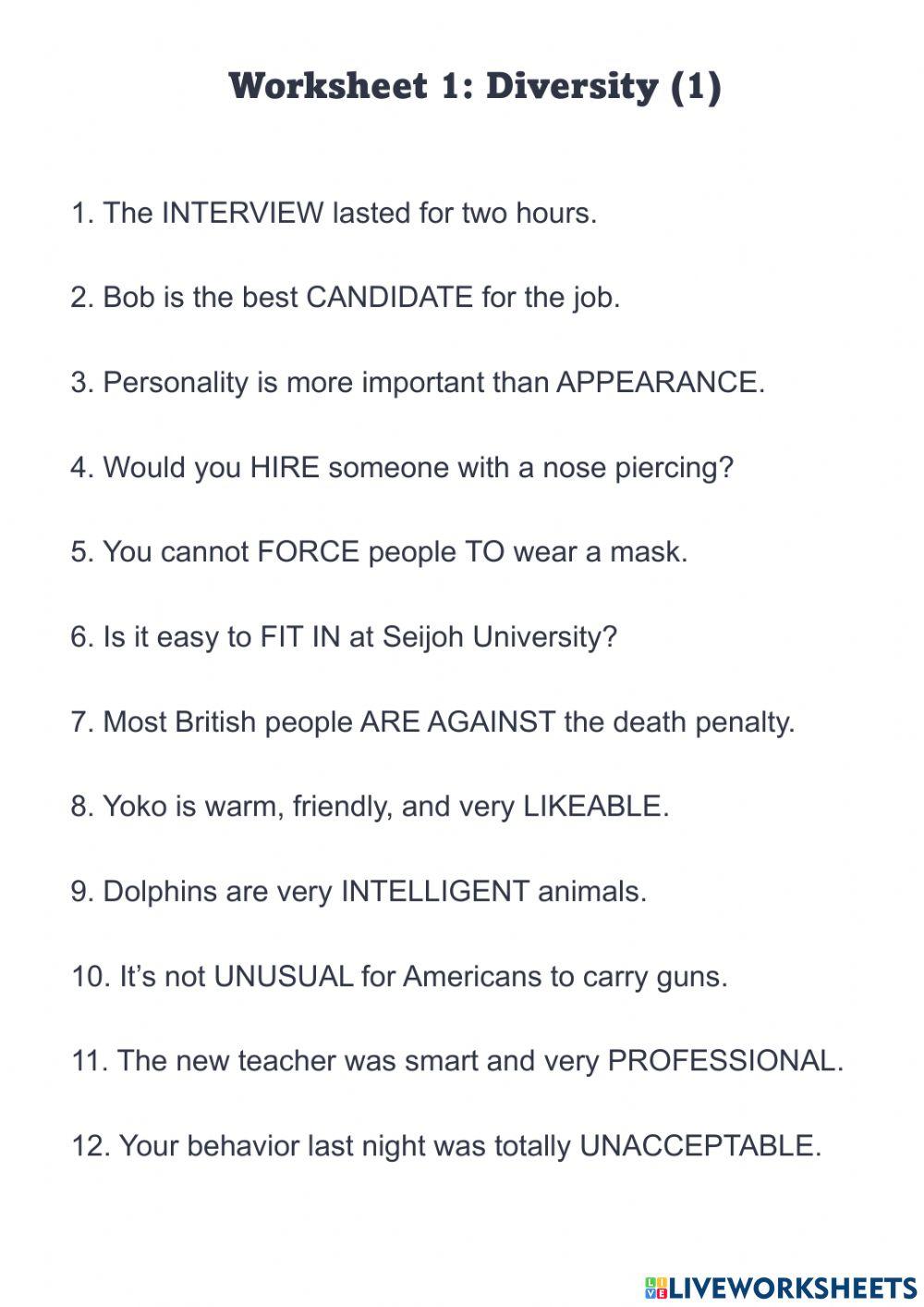 Worksheet 1 - Diversity 2293213 | TeacherN1985