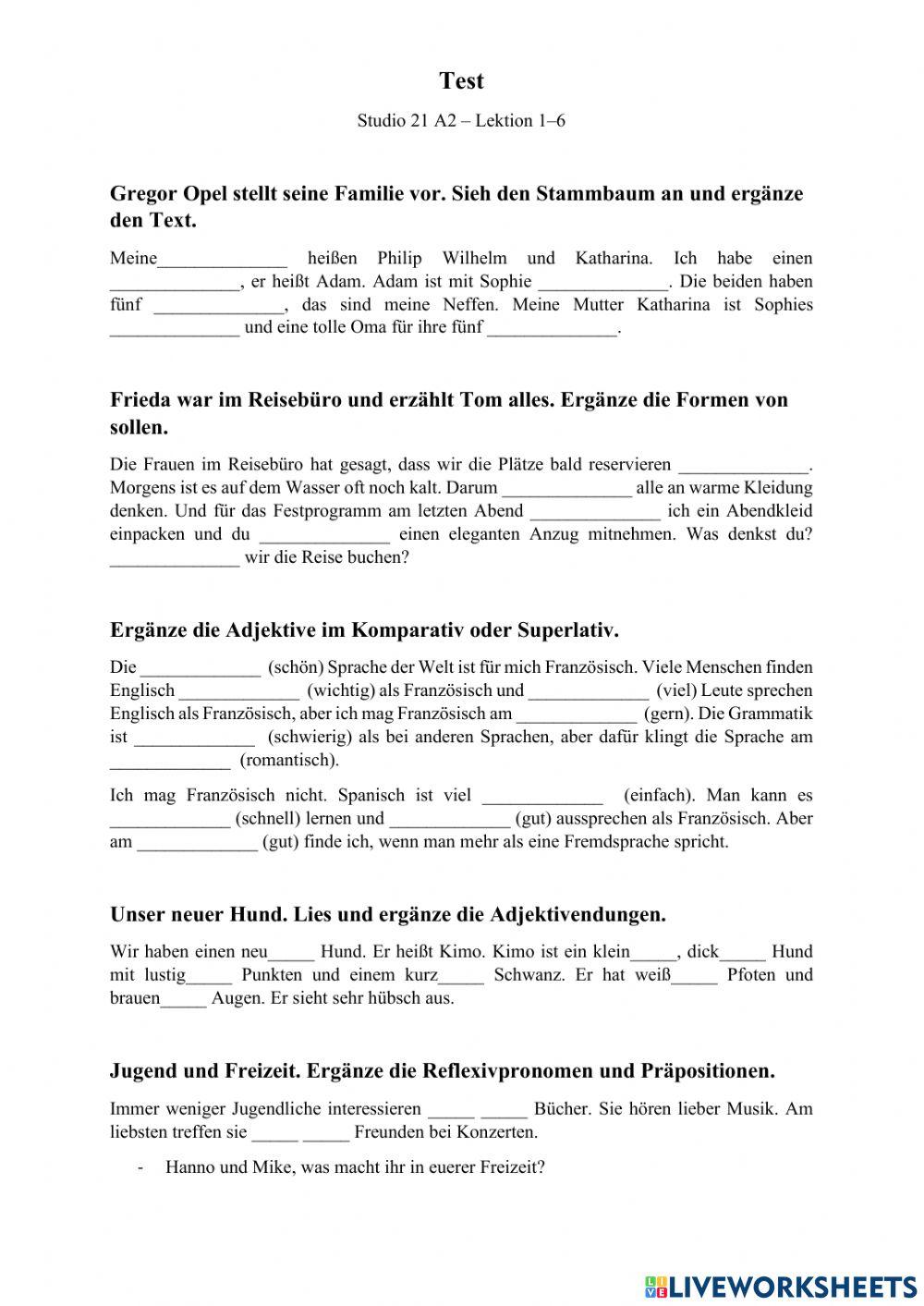 Test - Studio 21 A2 - Lektion 1-6 online exercise for a1 | Live Worksheets