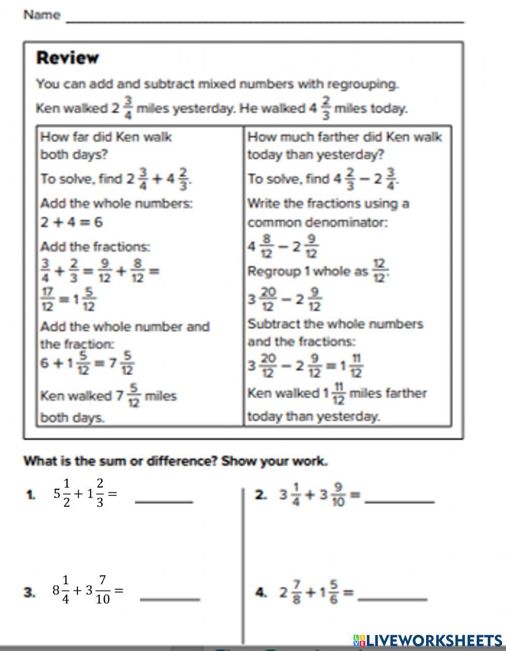 Add mixed numbers with regrouping Level 1 worksheet | Live Worksheets