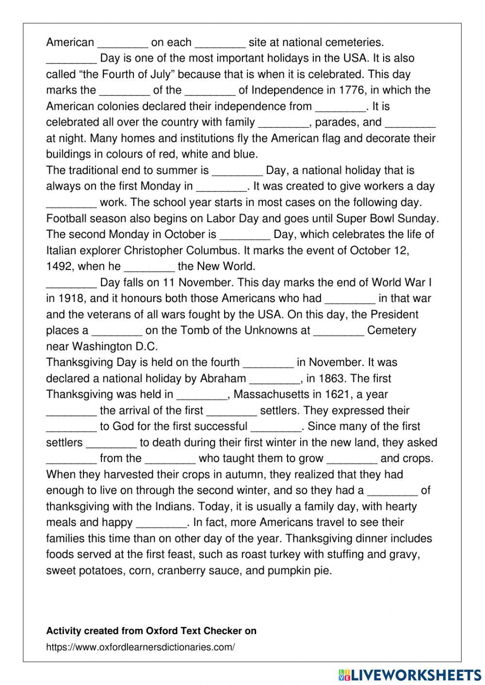 Holidays 2 interactive worksheet | Live Worksheets