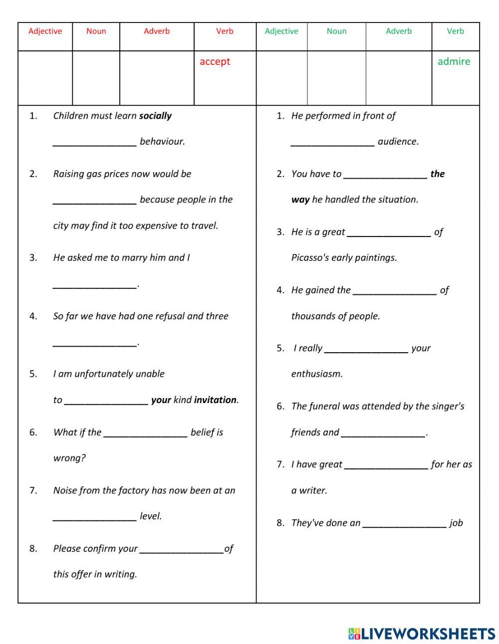 Word form accept admire worksheet | Live Worksheets