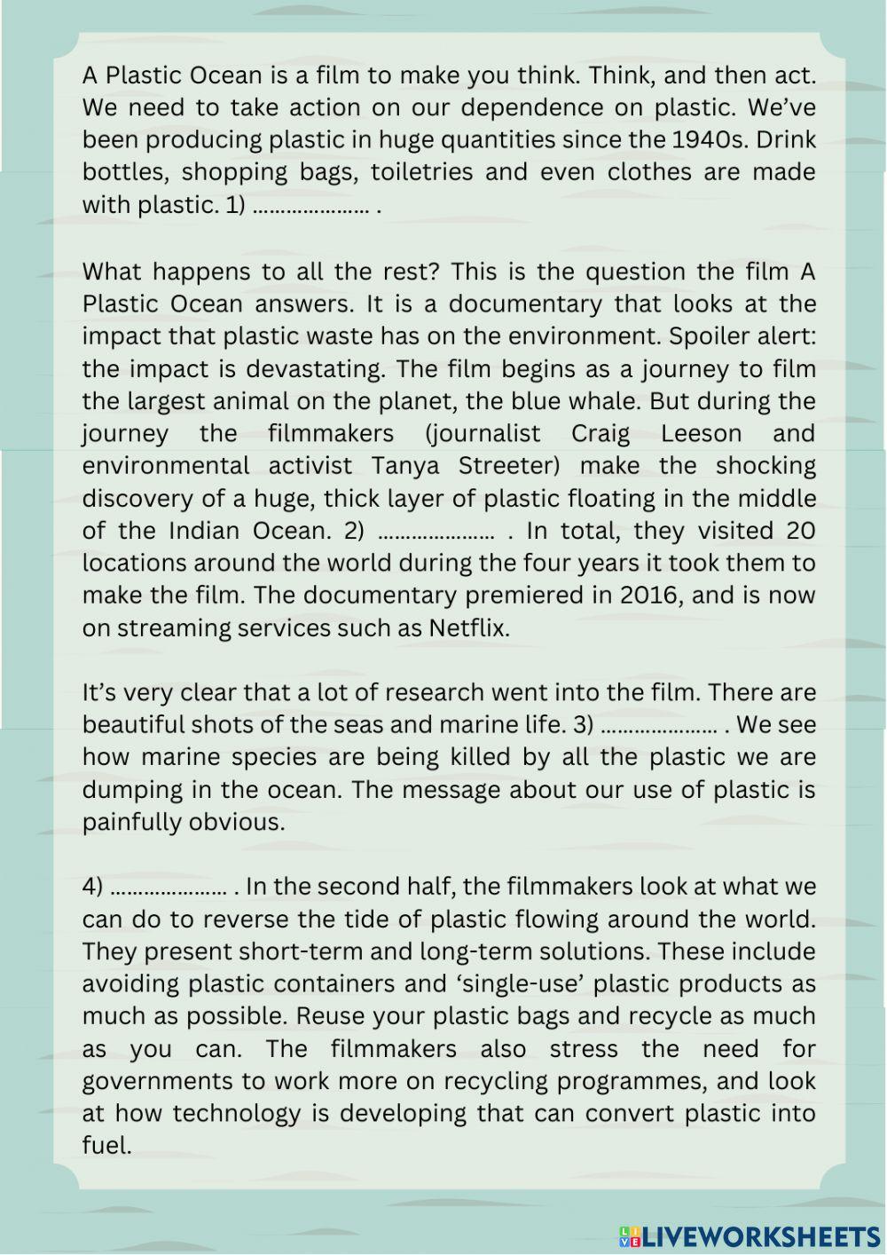 A Plastic Ocean | Free Interactive Worksheets | 2301814