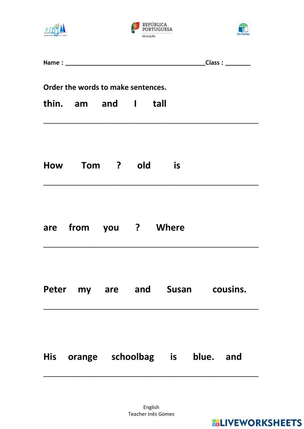 Put the words in order online exercise for | Live Worksheets